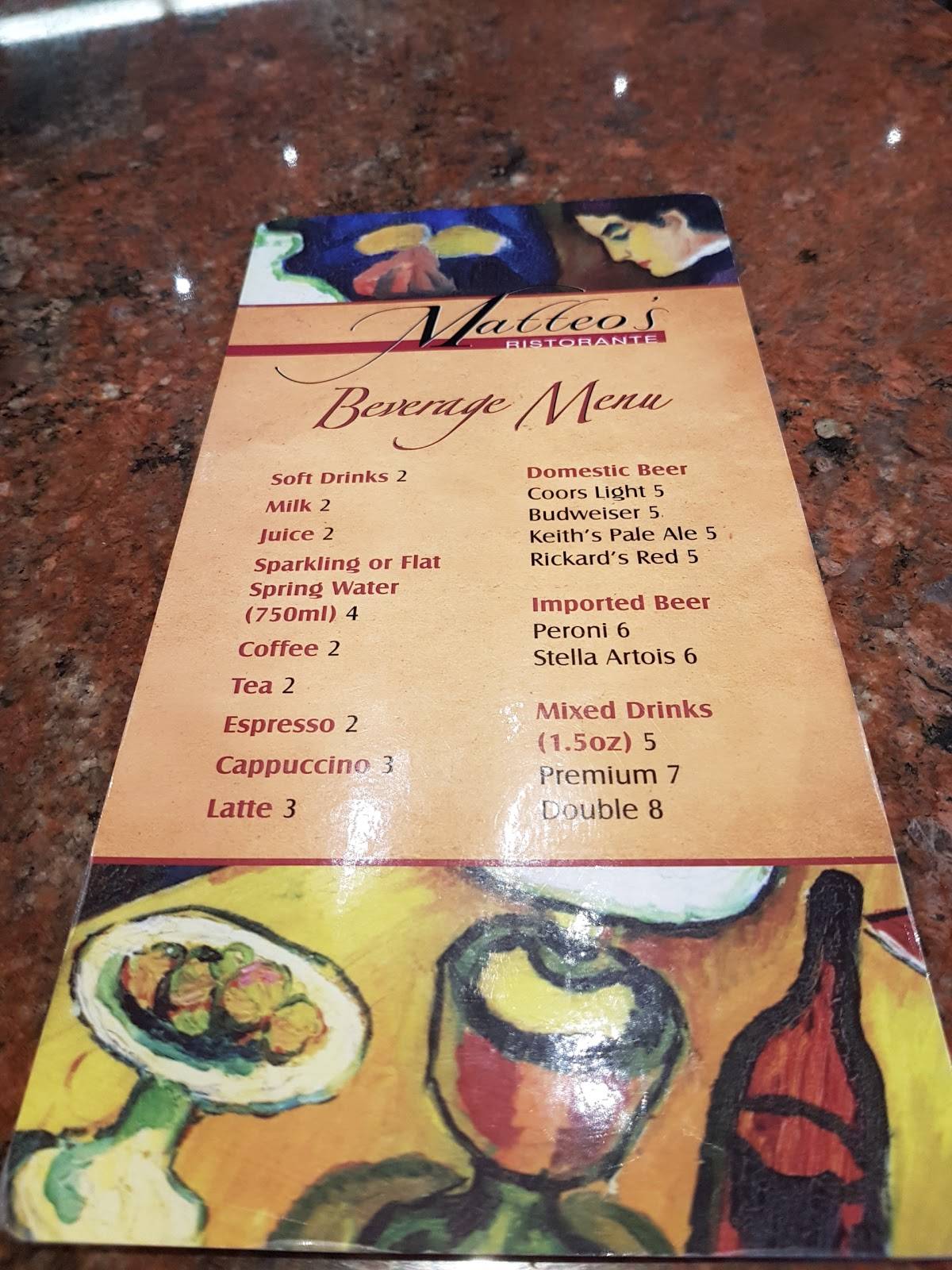 Menu at Matteo's restaurant, Welland