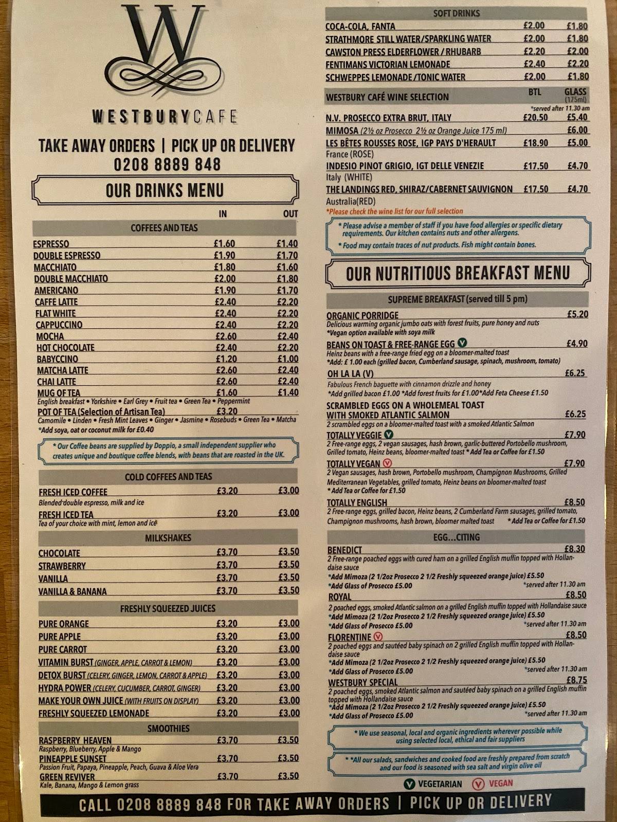 Menu at Westbury Cafe., London, 40 Westbury Ave