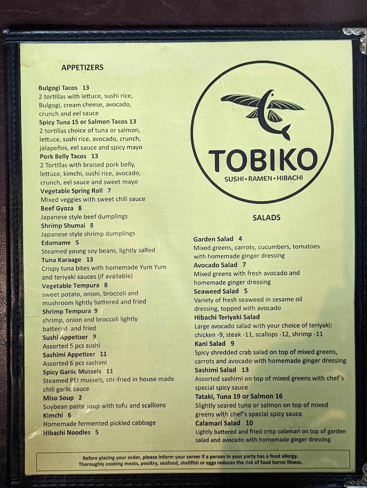 Menu at Tobiko Sushi restaurant, Westfield