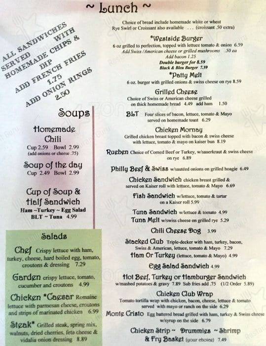 Menu at Westside Diner cafe, Grayling, M-72