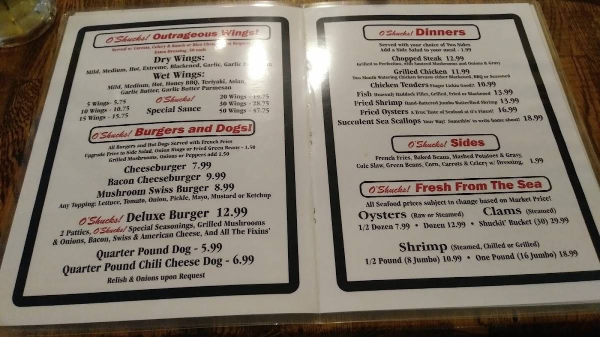 Menu at O'Shucks Oyster Bar & Grill, Wildwood