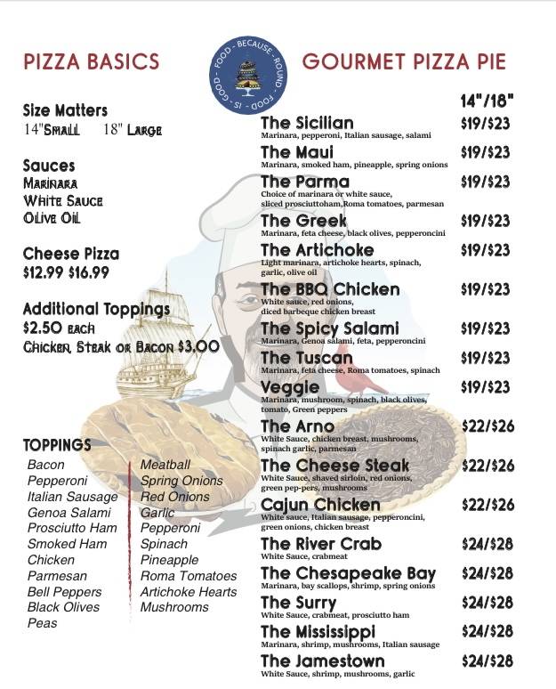 Menu at Jamestown Pie Company pizzeria, Williamsburg, Jamestown Rd