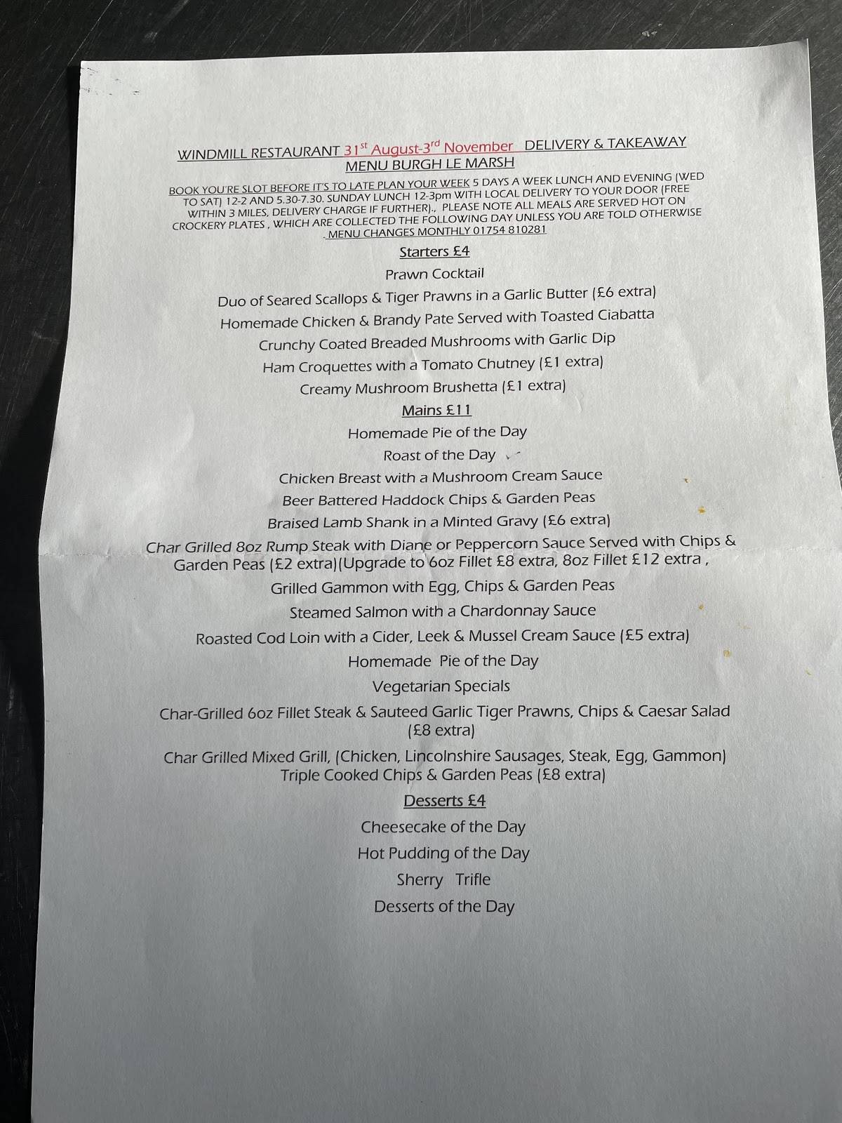 Menu at Windmill Restaurant, Burgh le Marsh