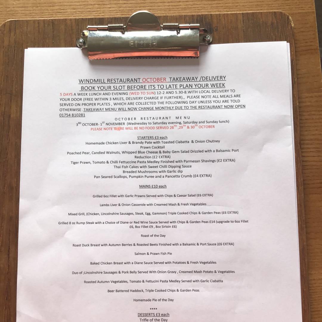 Menu at Windmill Restaurant, Burgh le Marsh