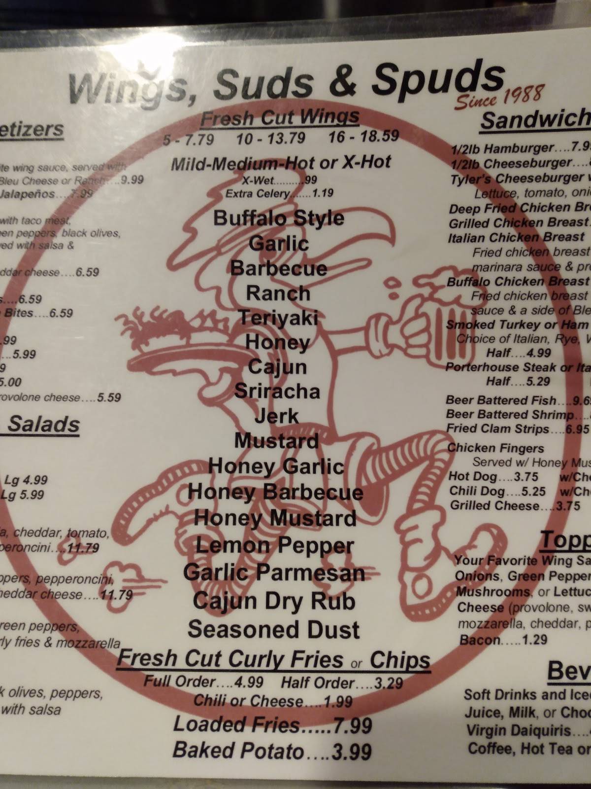 Menu at Wings Suds & Spuds pub & bar, Moon
