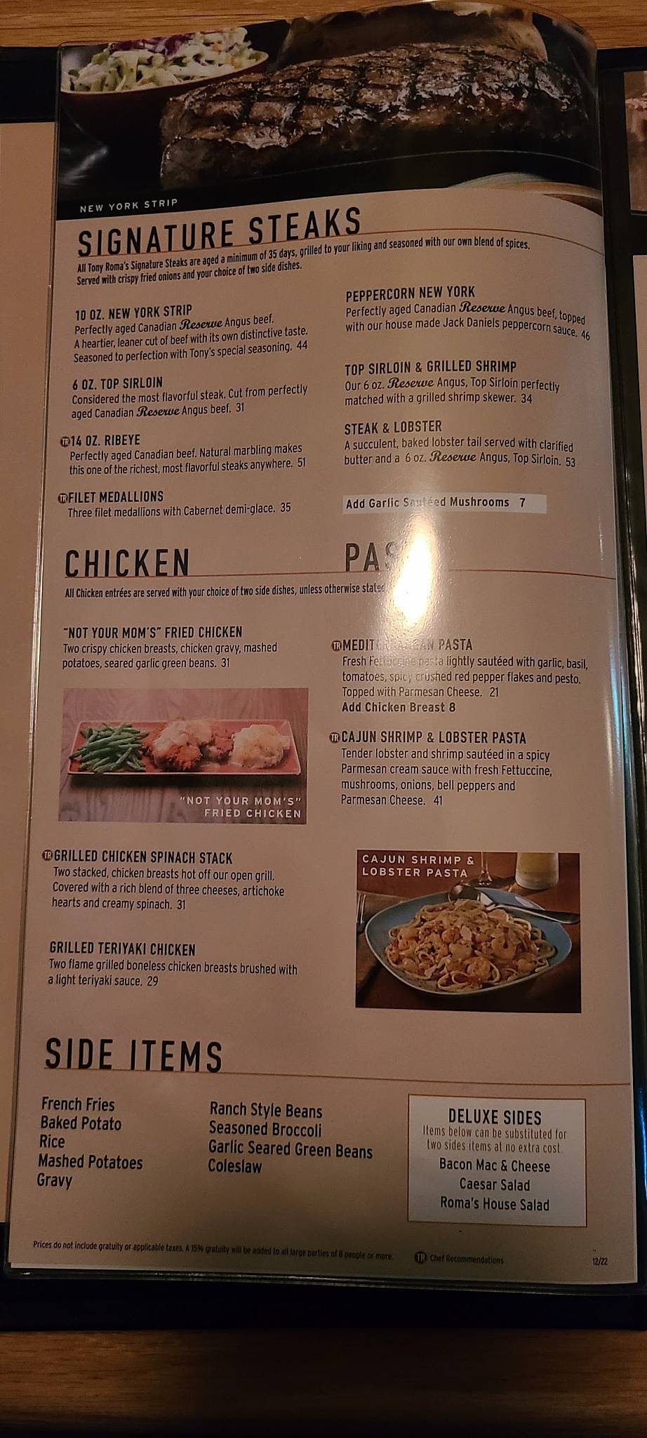 Menu at Tony Roma's restaurant, Winnipeg, 656 St James St
