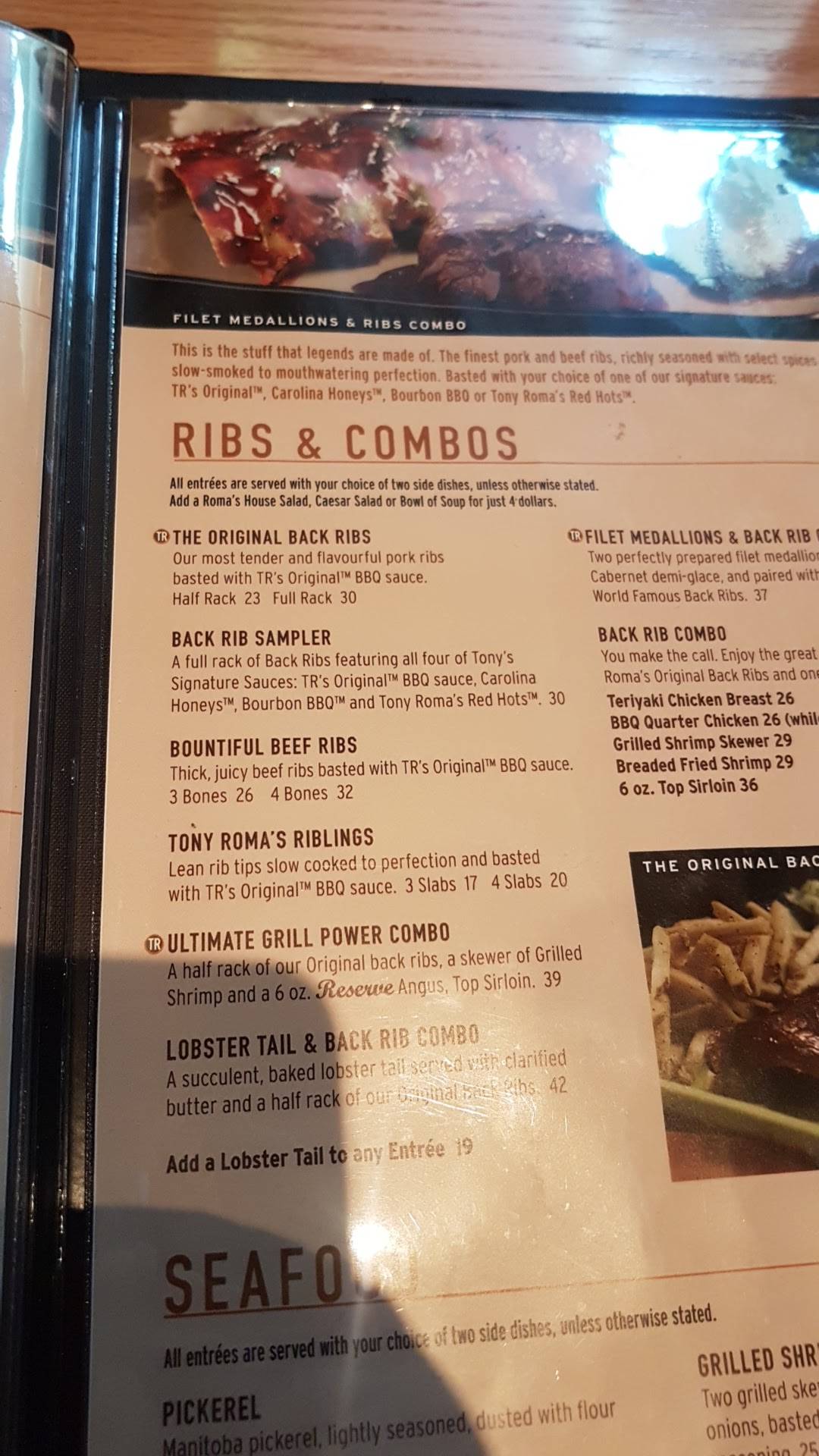 Menu at Tony Roma's restaurant, Winnipeg, 656 St James St