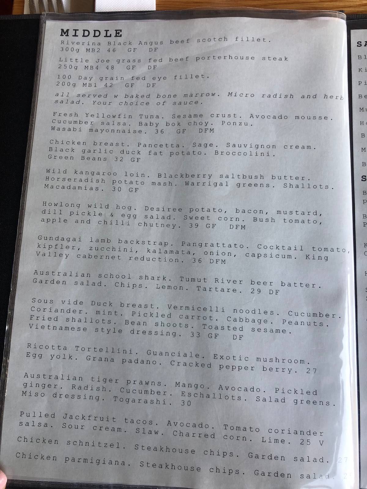 Menu at Huon Hill restaurant, Wodonga