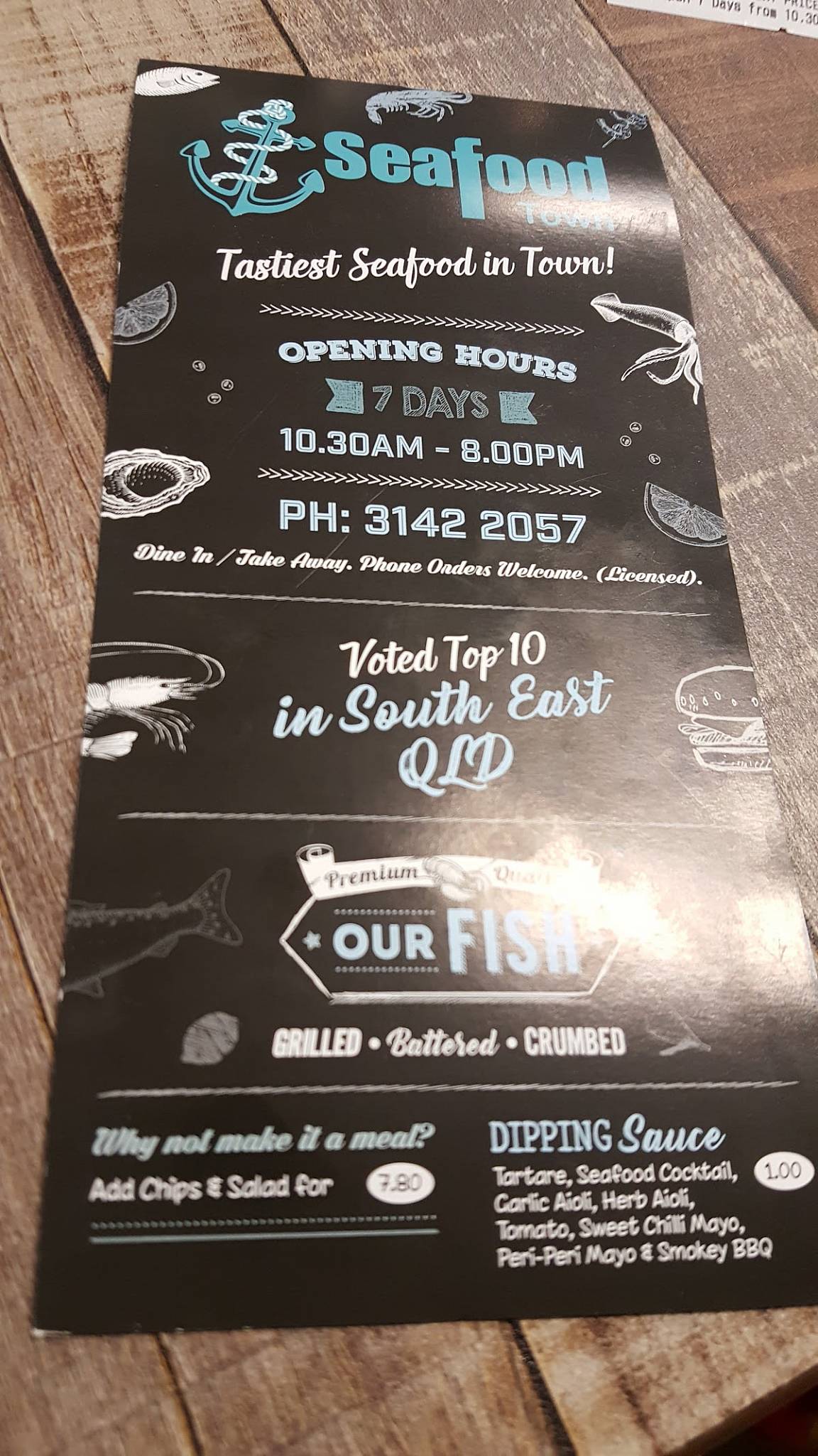 Menu at Seafood Town restaurant, Woody Point, 4/14 Oxley Ave