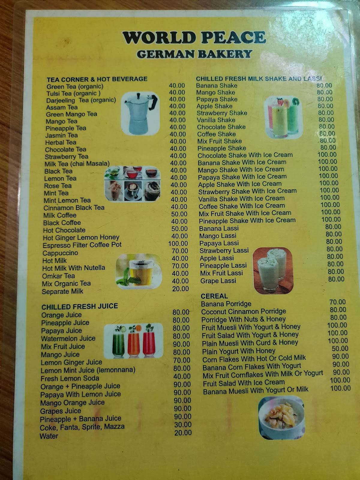 Menu at World Peace German Bakery, Arambol, MPR3+2VW