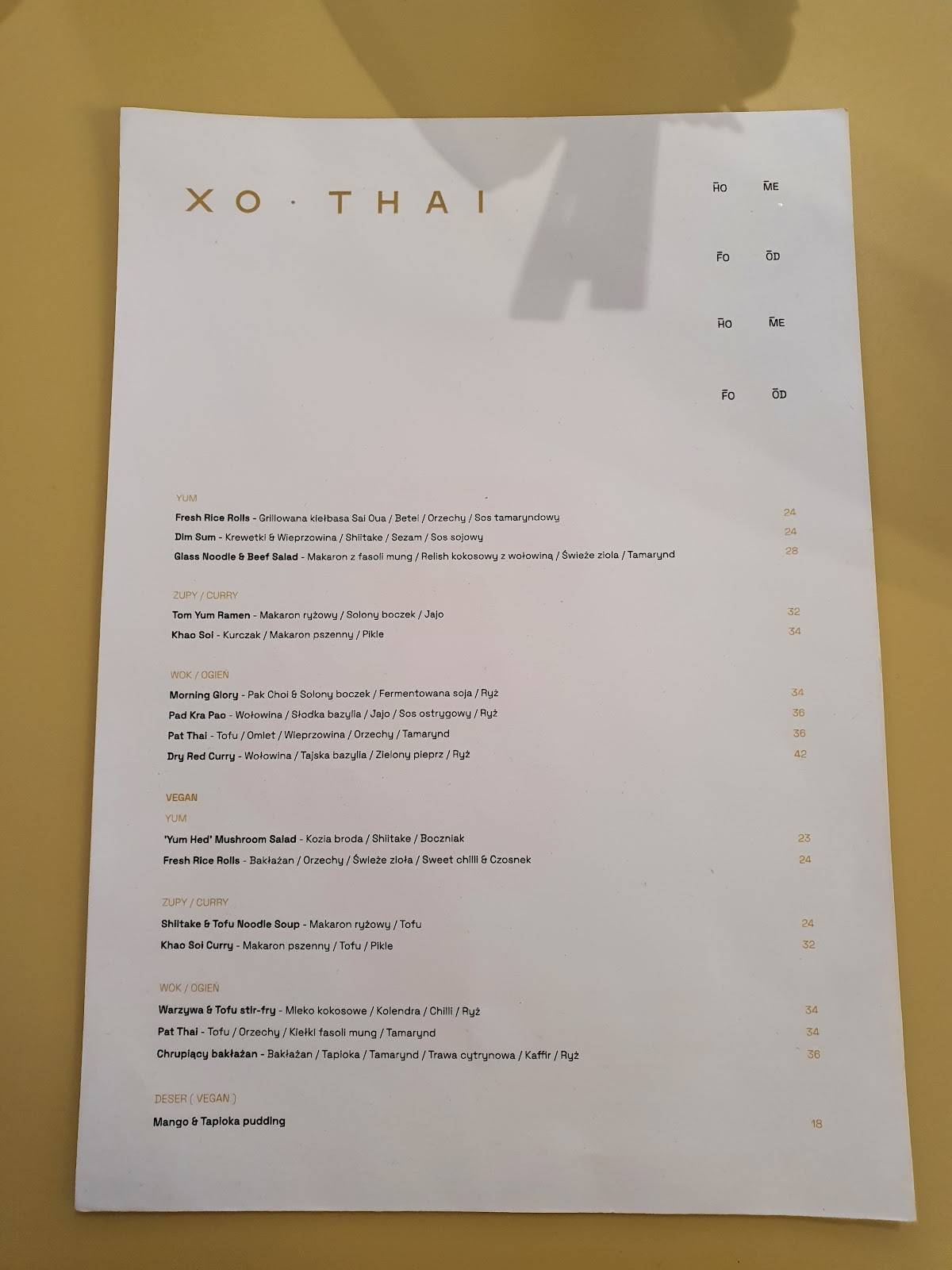 Menu at Xo Thai restaurant, Gdańsk