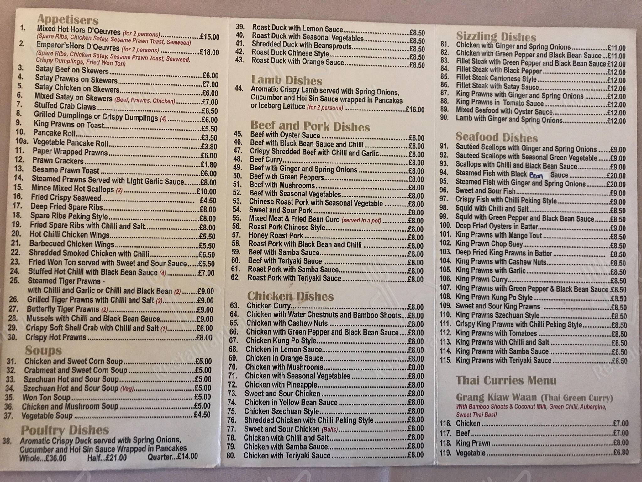 Menu at Yau's Chinese Restaurant, Billericay