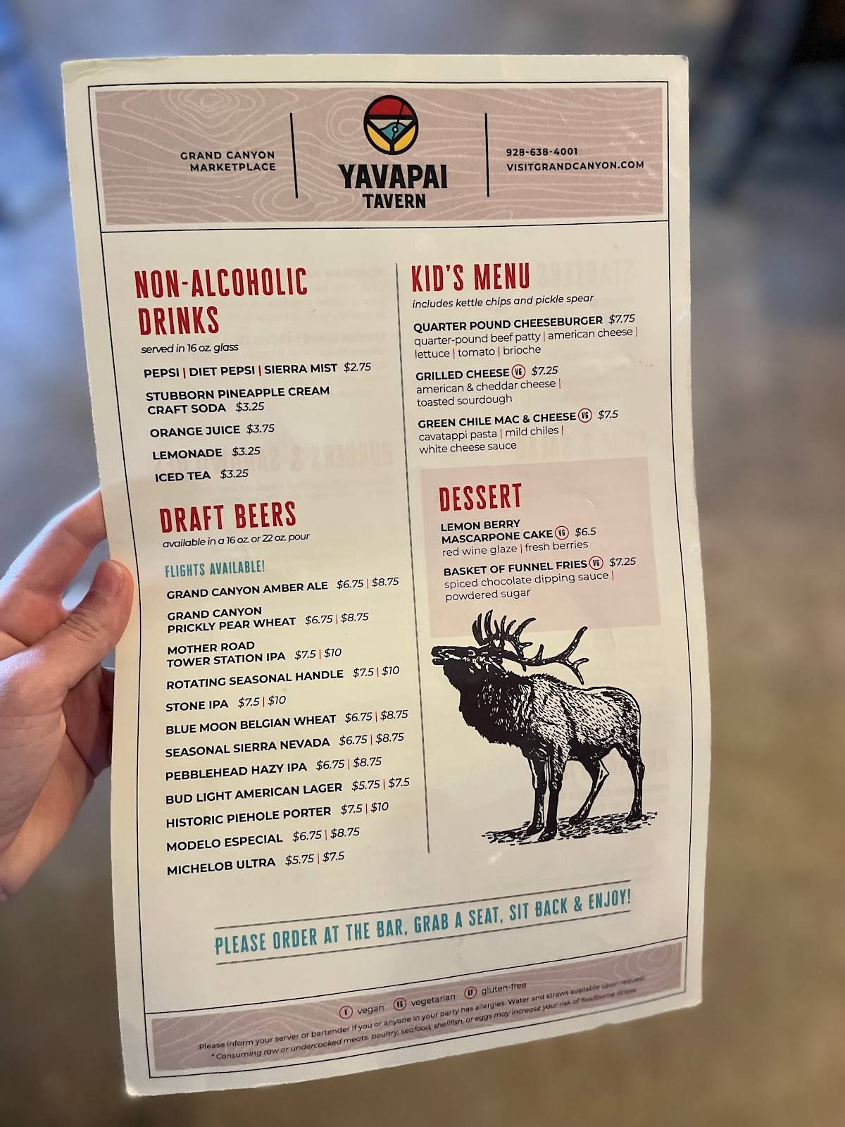 Menu at Yavapai Tavern pub & bar, Grand Canyon Village, 11 Yavapai Lodge Rd