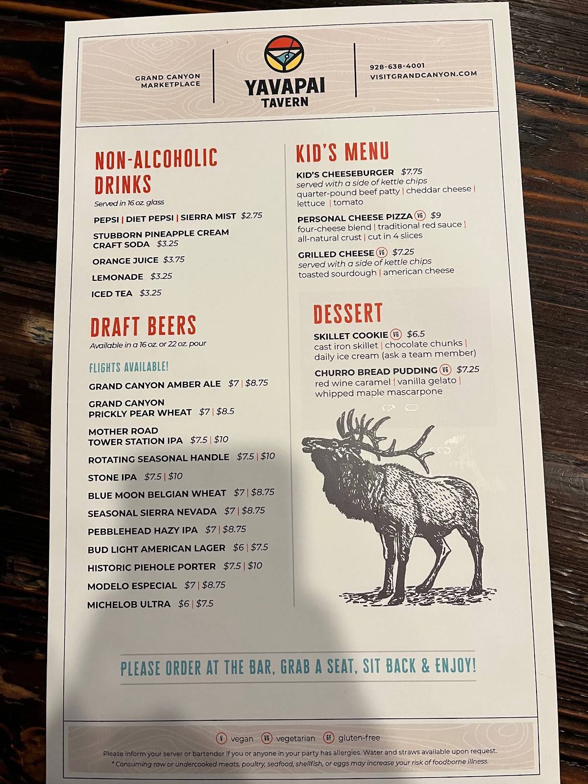 Menu at Yavapai Tavern pub & bar, Grand Canyon Village, 11 Yavapai Lodge Rd