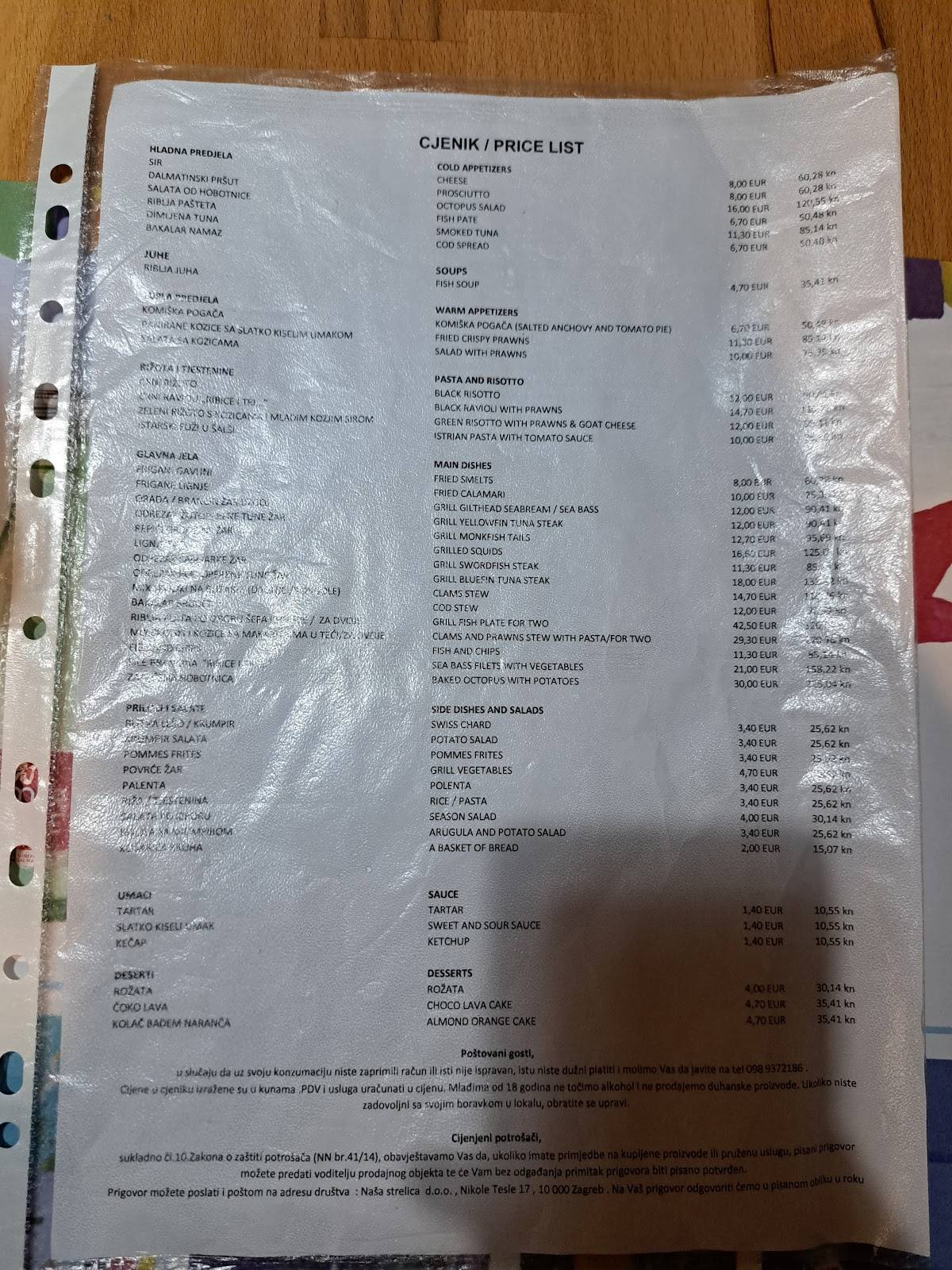 Menu at Fish _Restoran "Ribice i tri točkice" restaurant, Zagreb