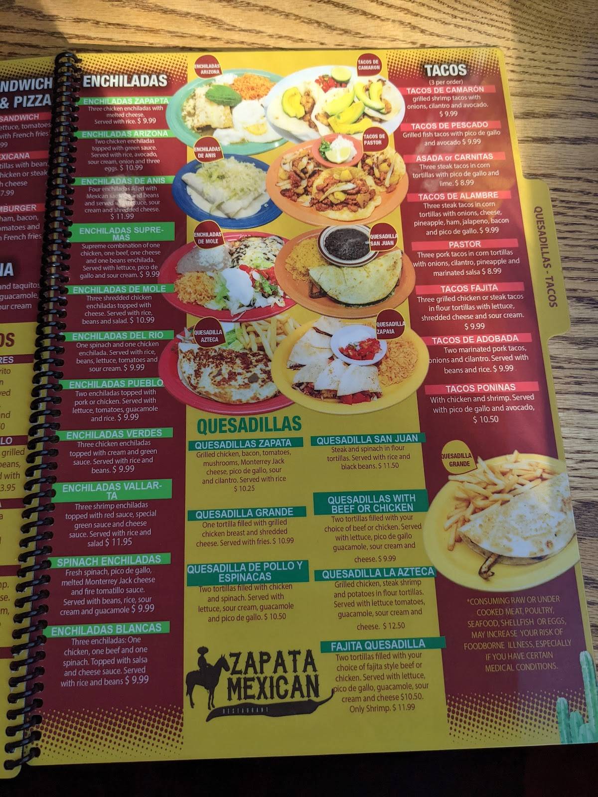 Menu at Zapata Mexican Restaurant, Hendersonville