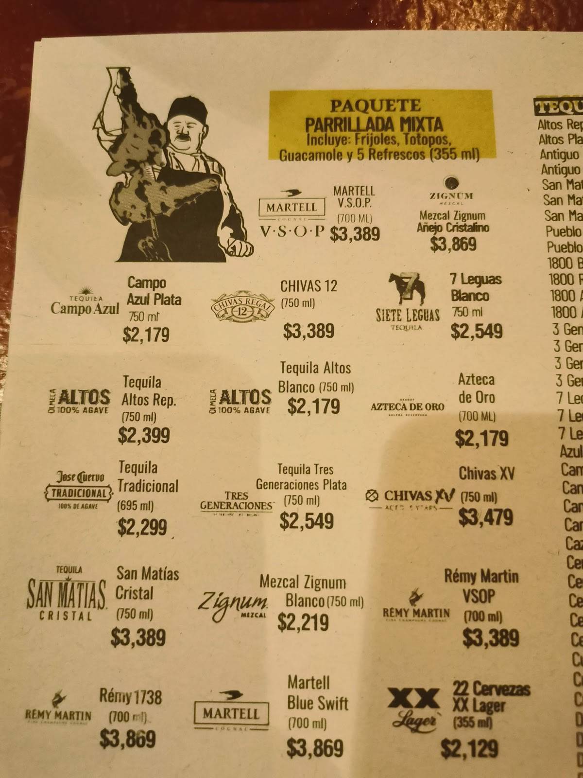 Carta del restaurante Hacienda Canelos, Zapopan