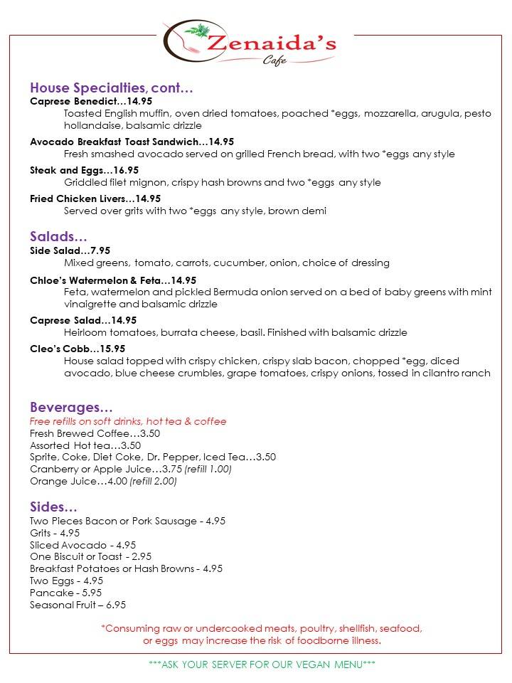 Menu at Zenaida's Cafe and Catering, Las Vegas