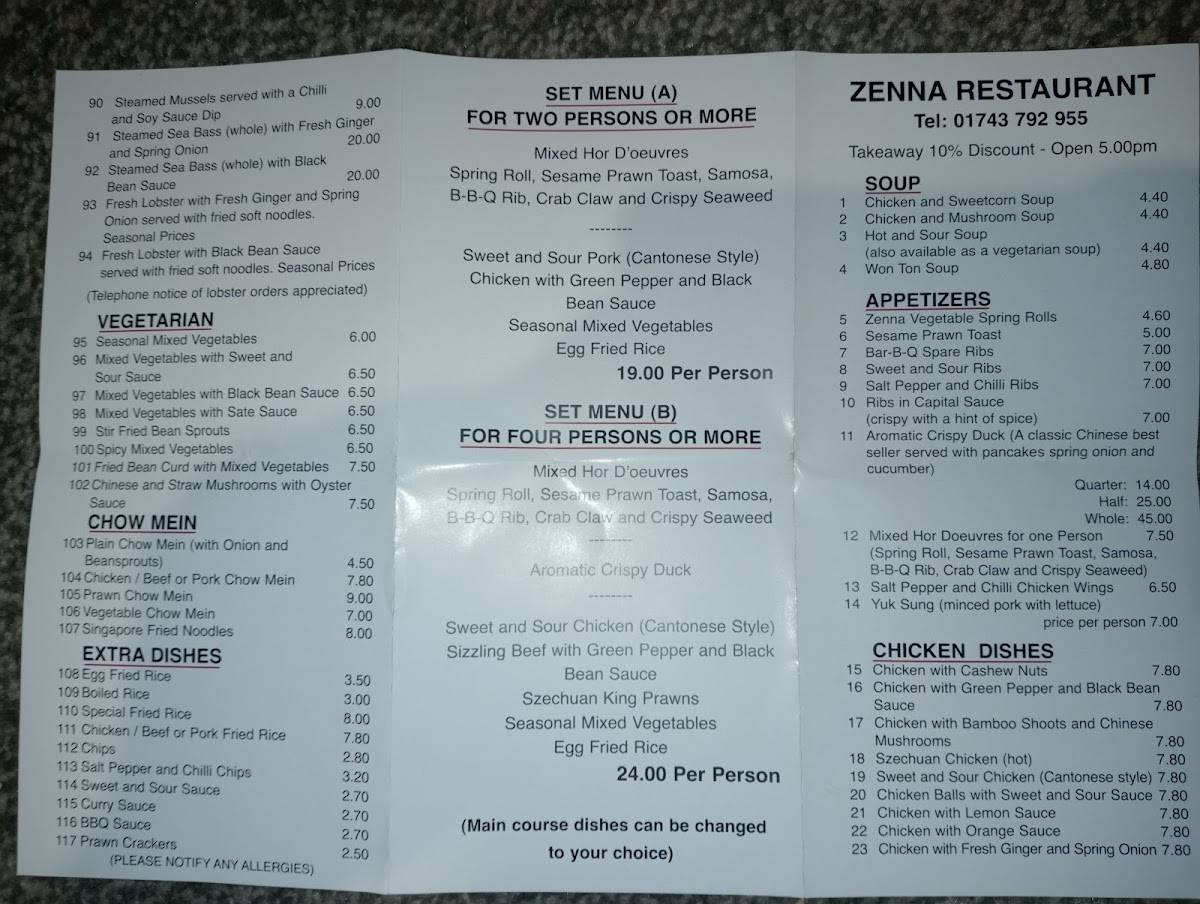 Menu at Zenna restaurant, Pontesbury