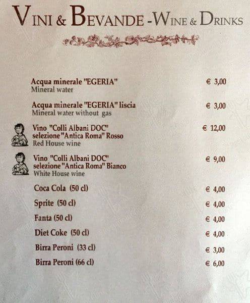 Menu at Hostaria Antica Roma restaurant, Rome, Via Appia Antica