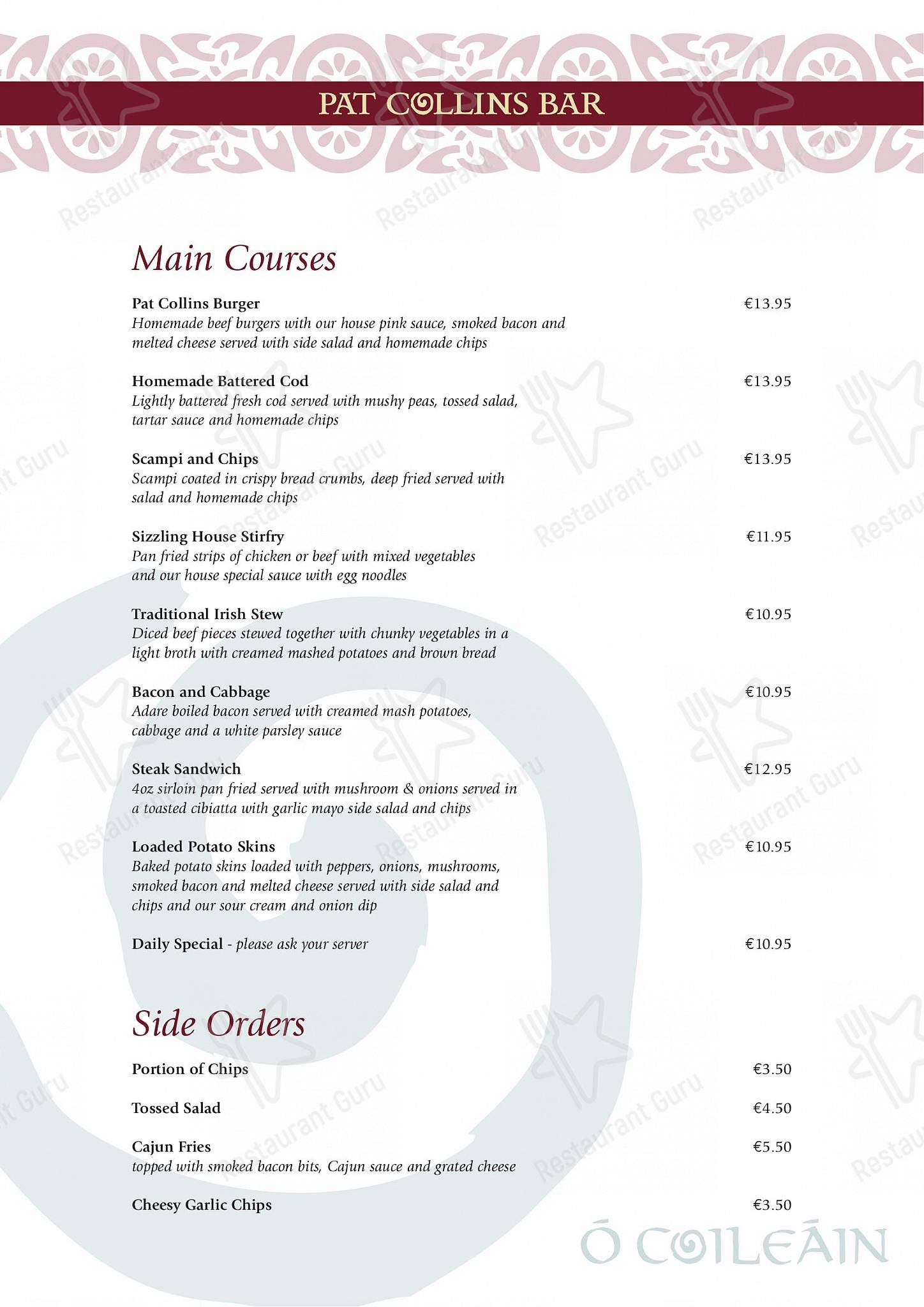Menu at Pat Collins Bar, Adare