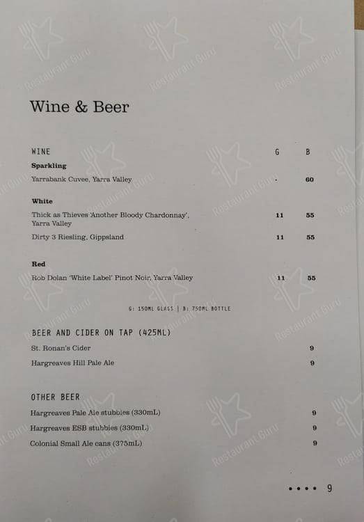 Menu at Four Pillars Gin Distillery pub & bar, Healesville