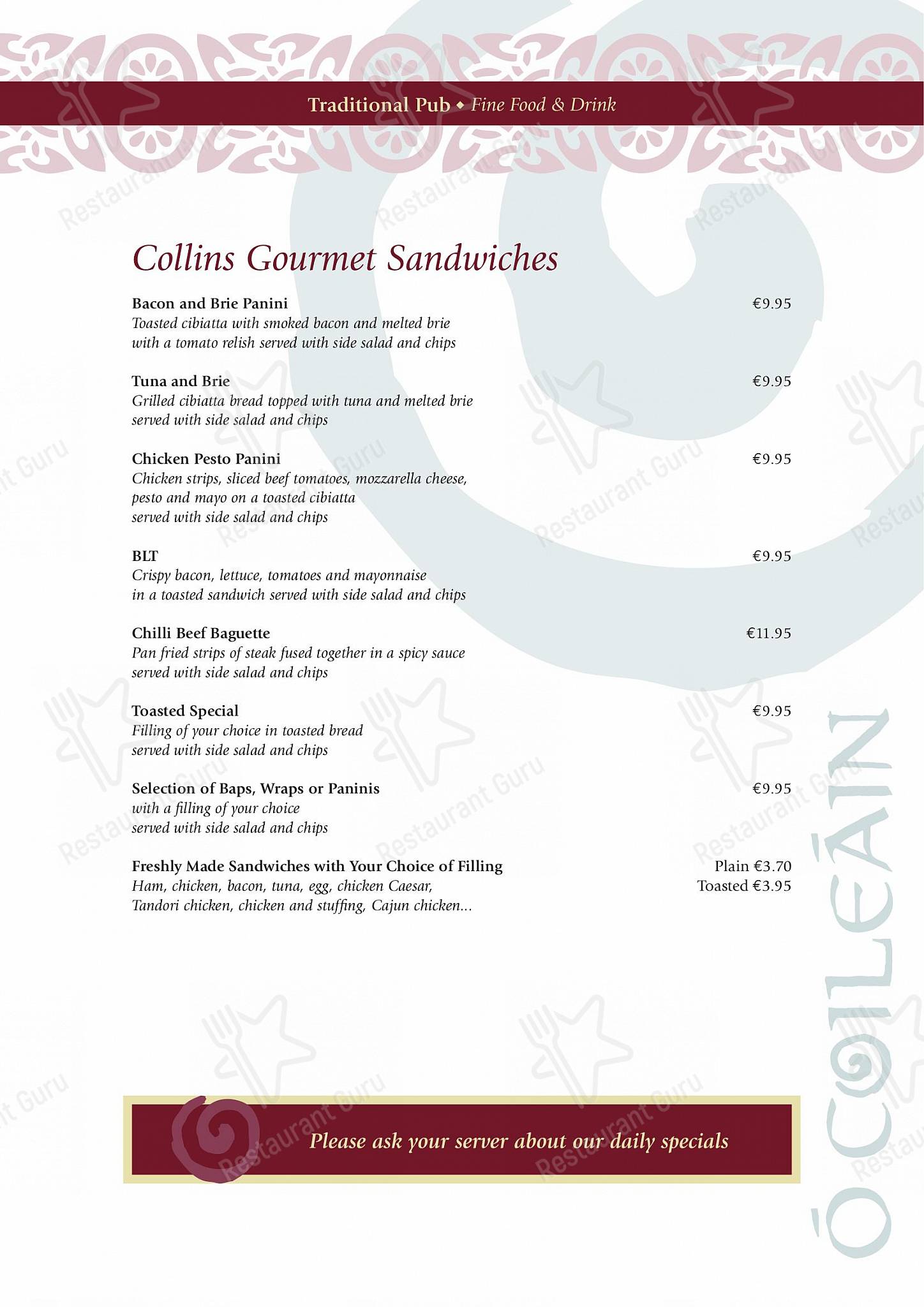 Menu at Pat Collins Bar, Adare