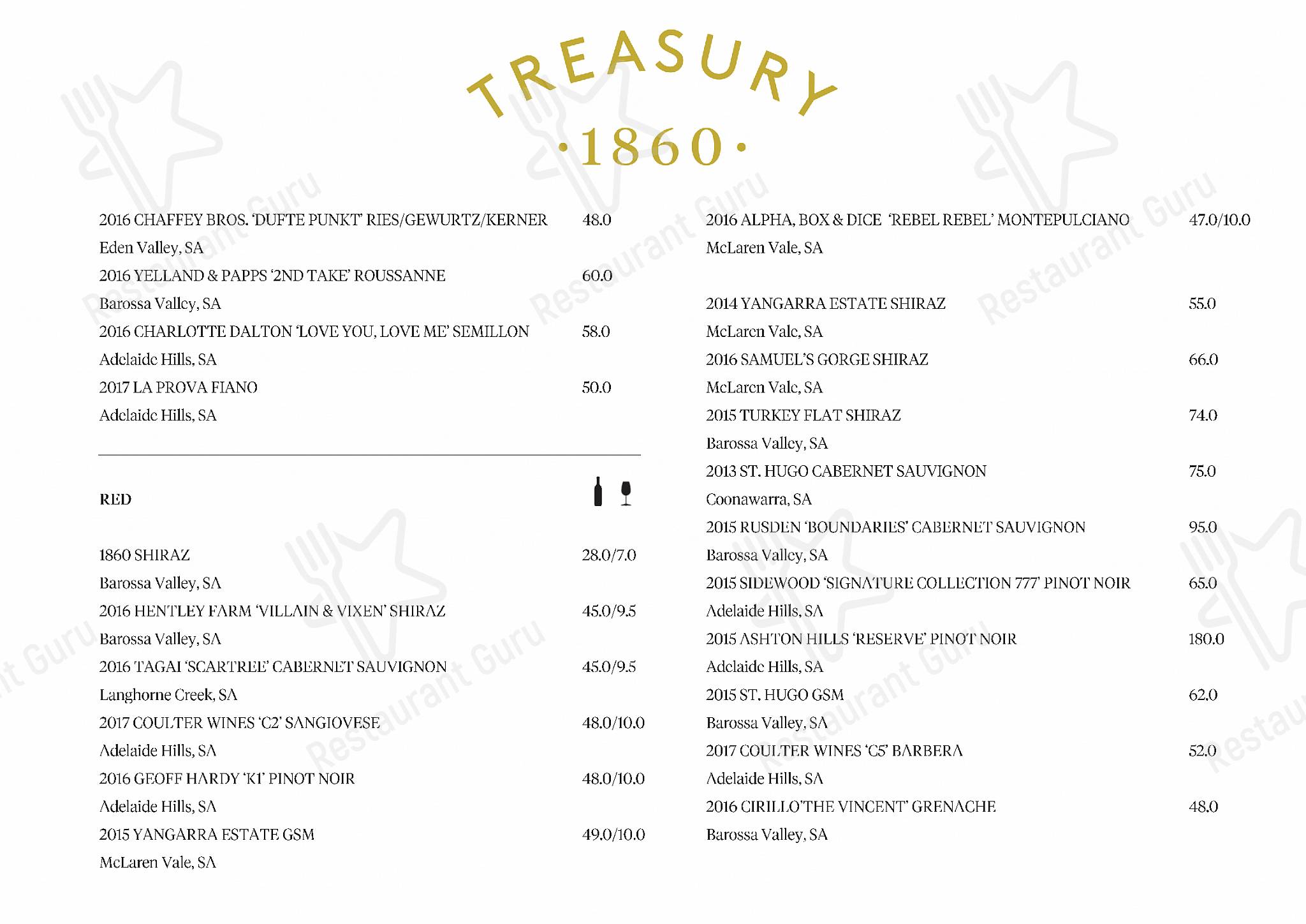 Menu at Treasury 1860 pub & bar, Adelaide