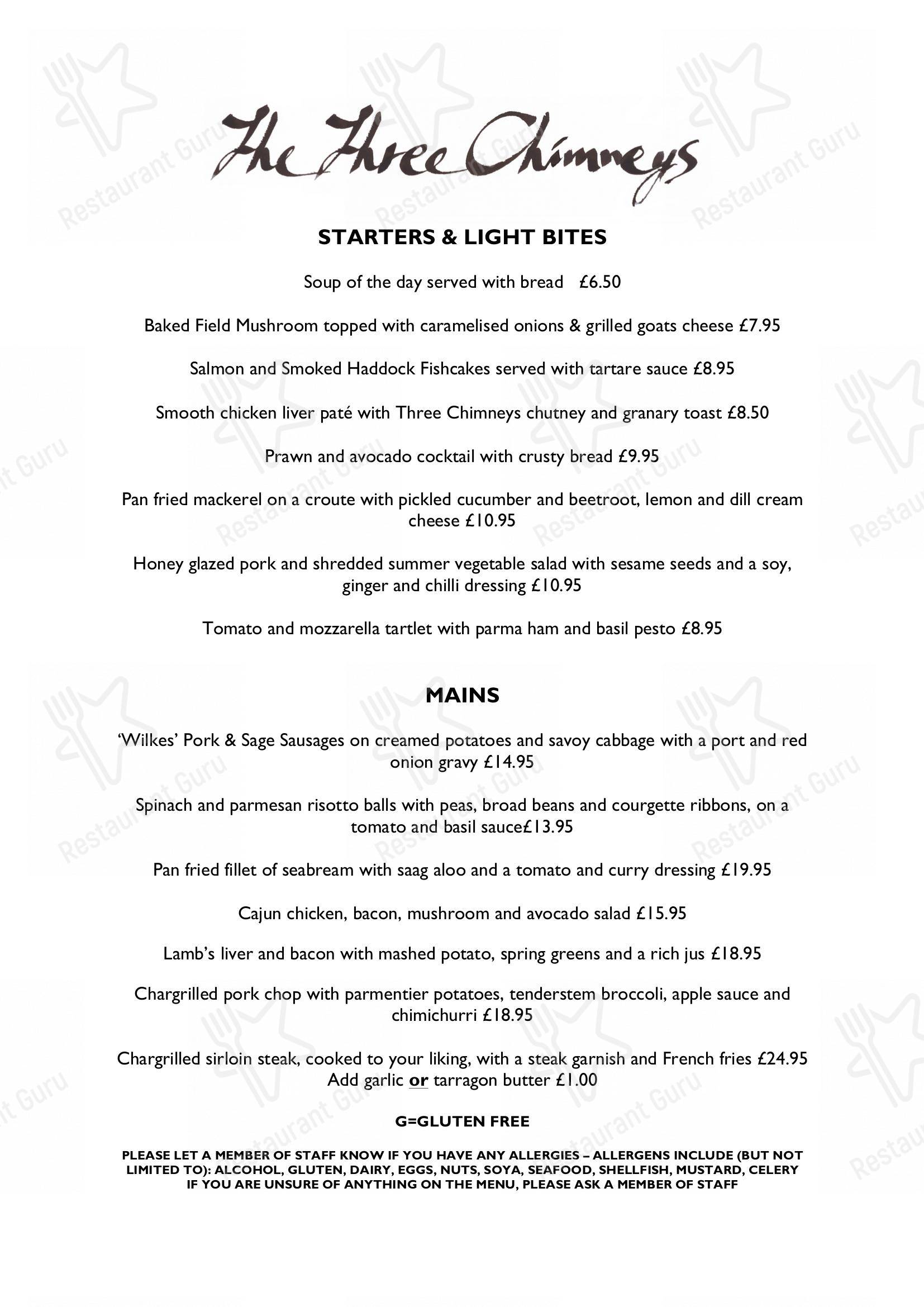 Menu at The Three Chimneys pub & bar, Smarden