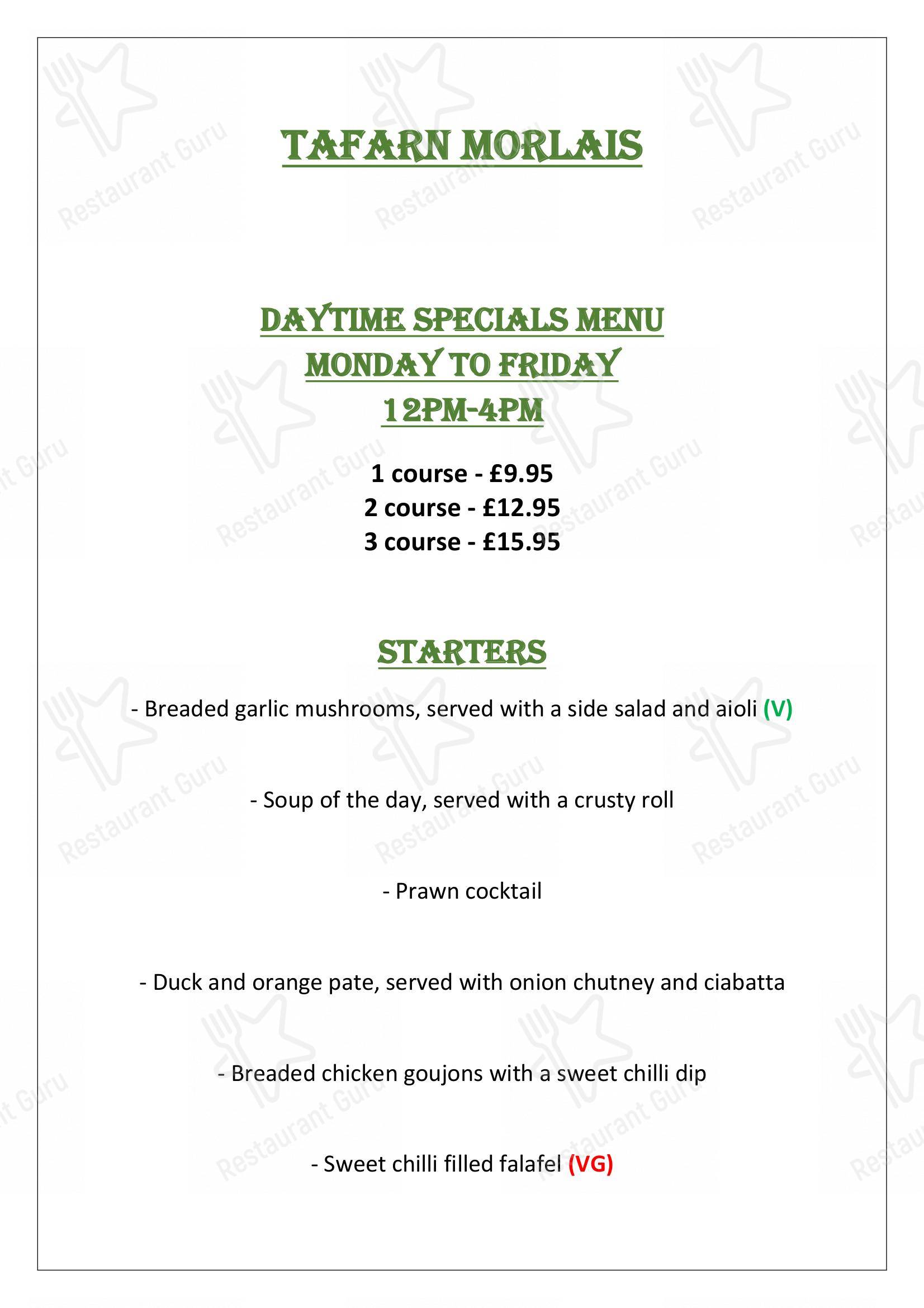 Menu at Tafarn Morlais pub & bar, Llanelli