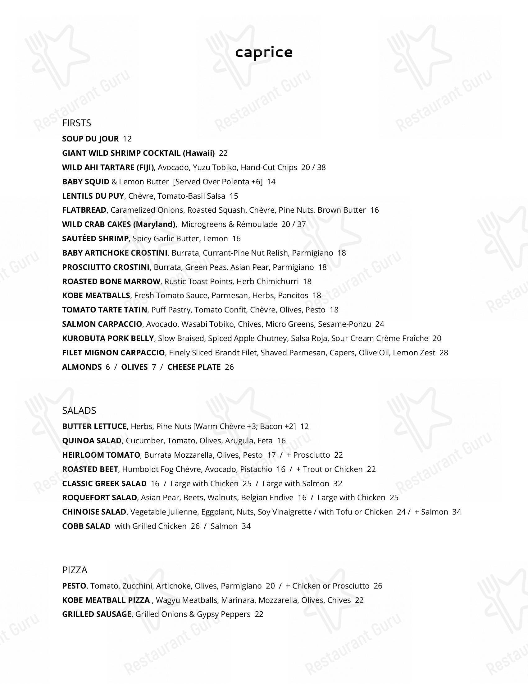 Menu at Caprice Cafe, Redlands