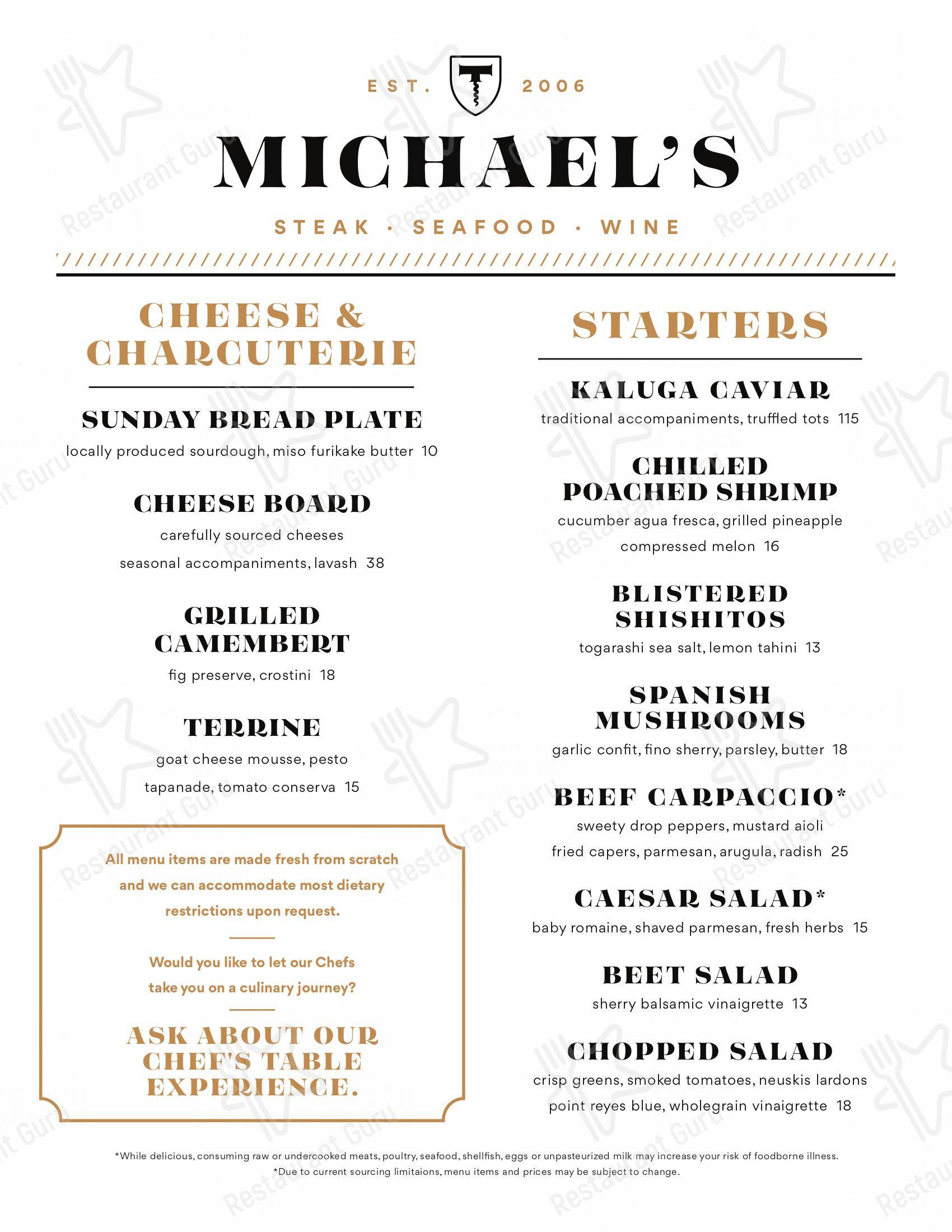 Carta de parrilla Michael's St. Augustine, San Agustín