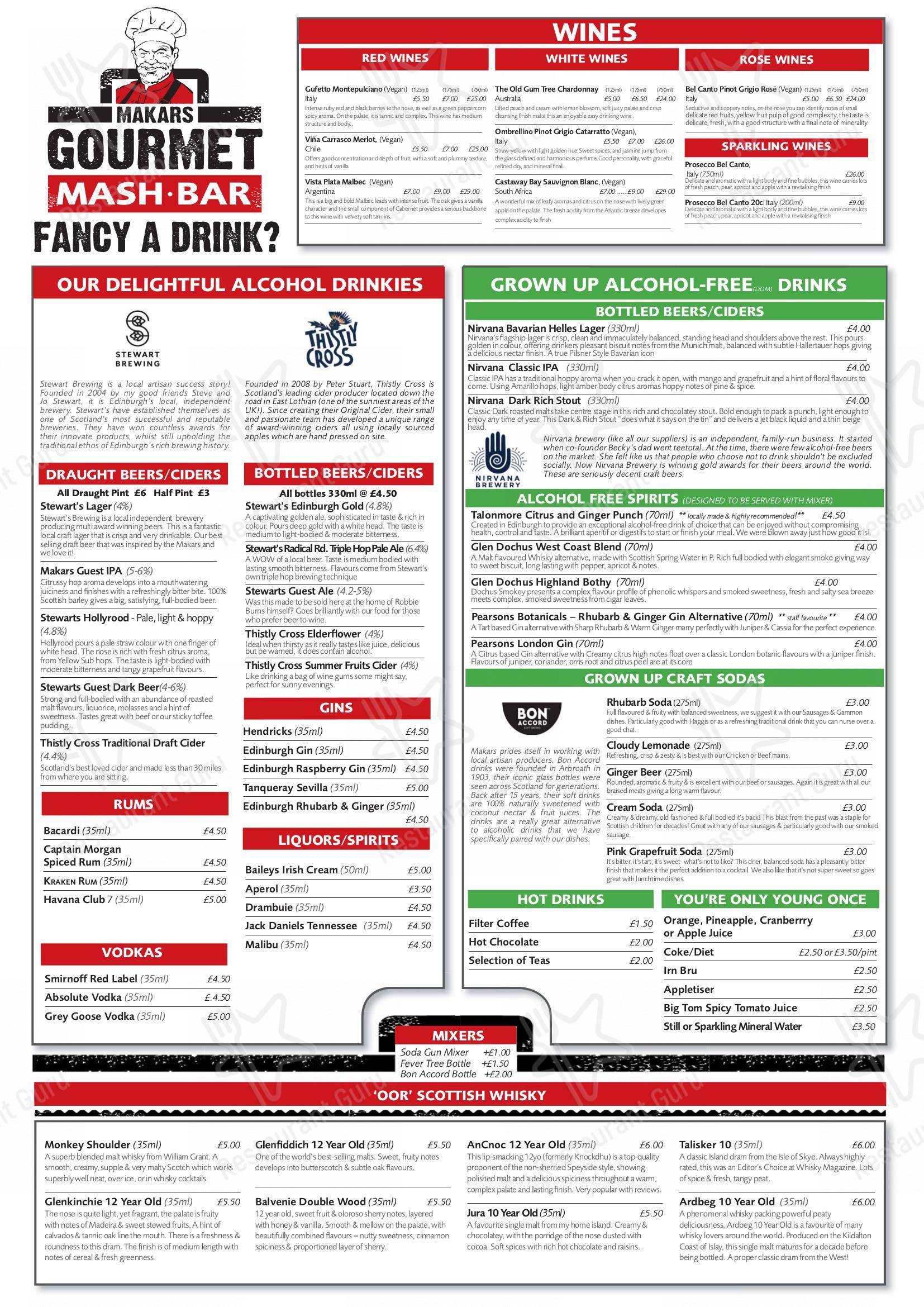 Menu at Makars Mash Bar, Edinburgh, 9-12 Bank St