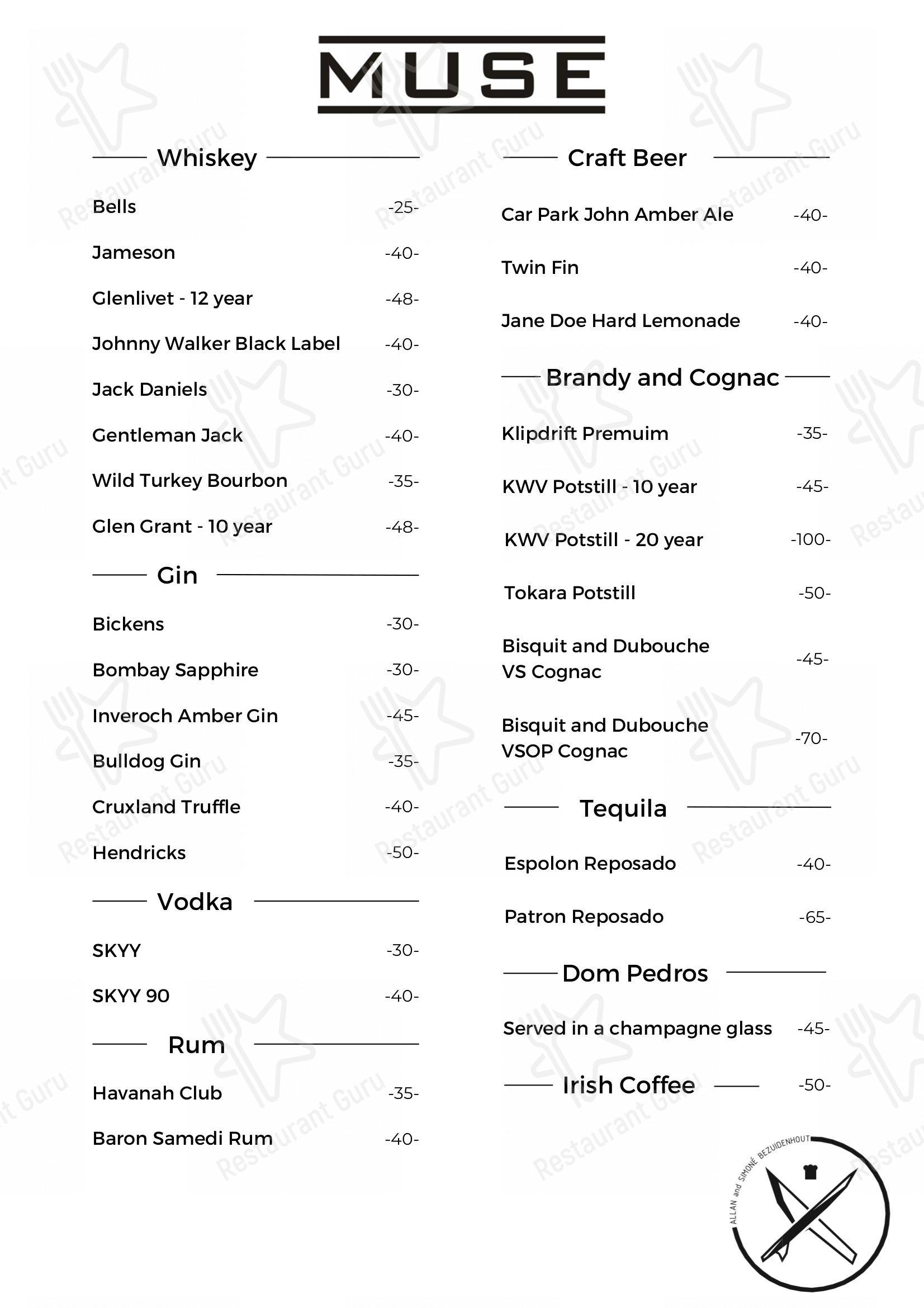 Menu at Muse Restaurant, South Africa