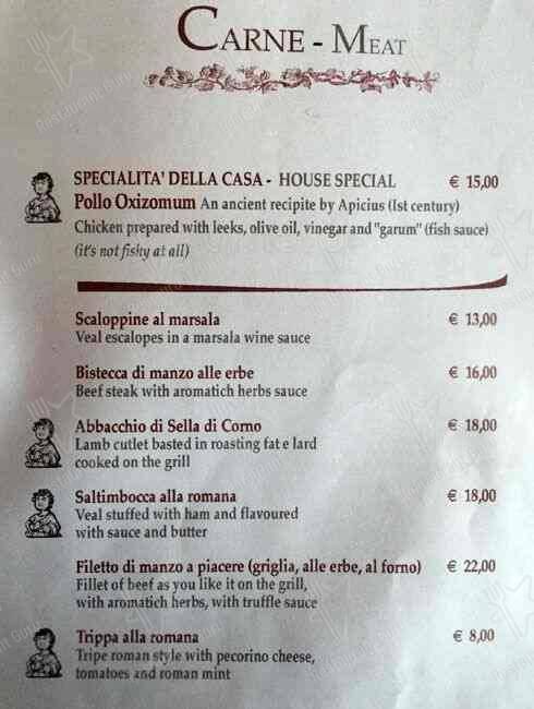 Menu at Hostaria Antica Roma restaurant, Rome, Via Appia Antica