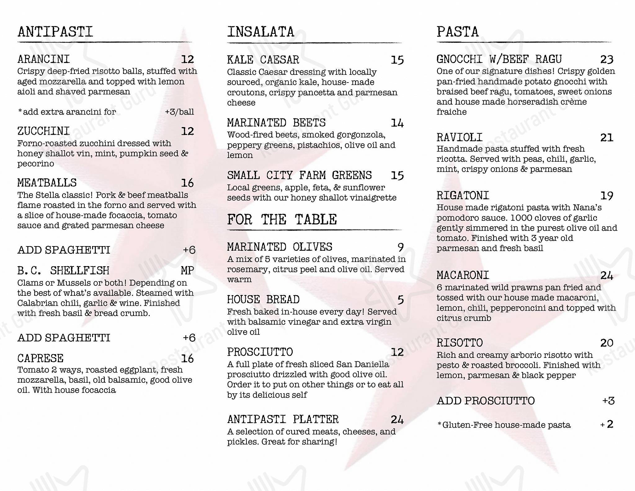 Menu at La Stella Trattoria restaurant, Nanaimo