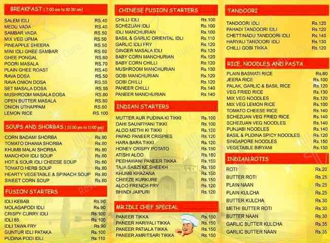 Menu at Mr. Idli, Bengaluru, No.4/3