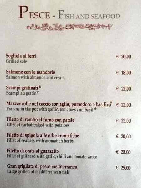 Menu at Hostaria Antica Roma restaurant, Rome, Via Appia Antica