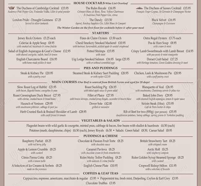 Menu at Rules pub & bar, London
