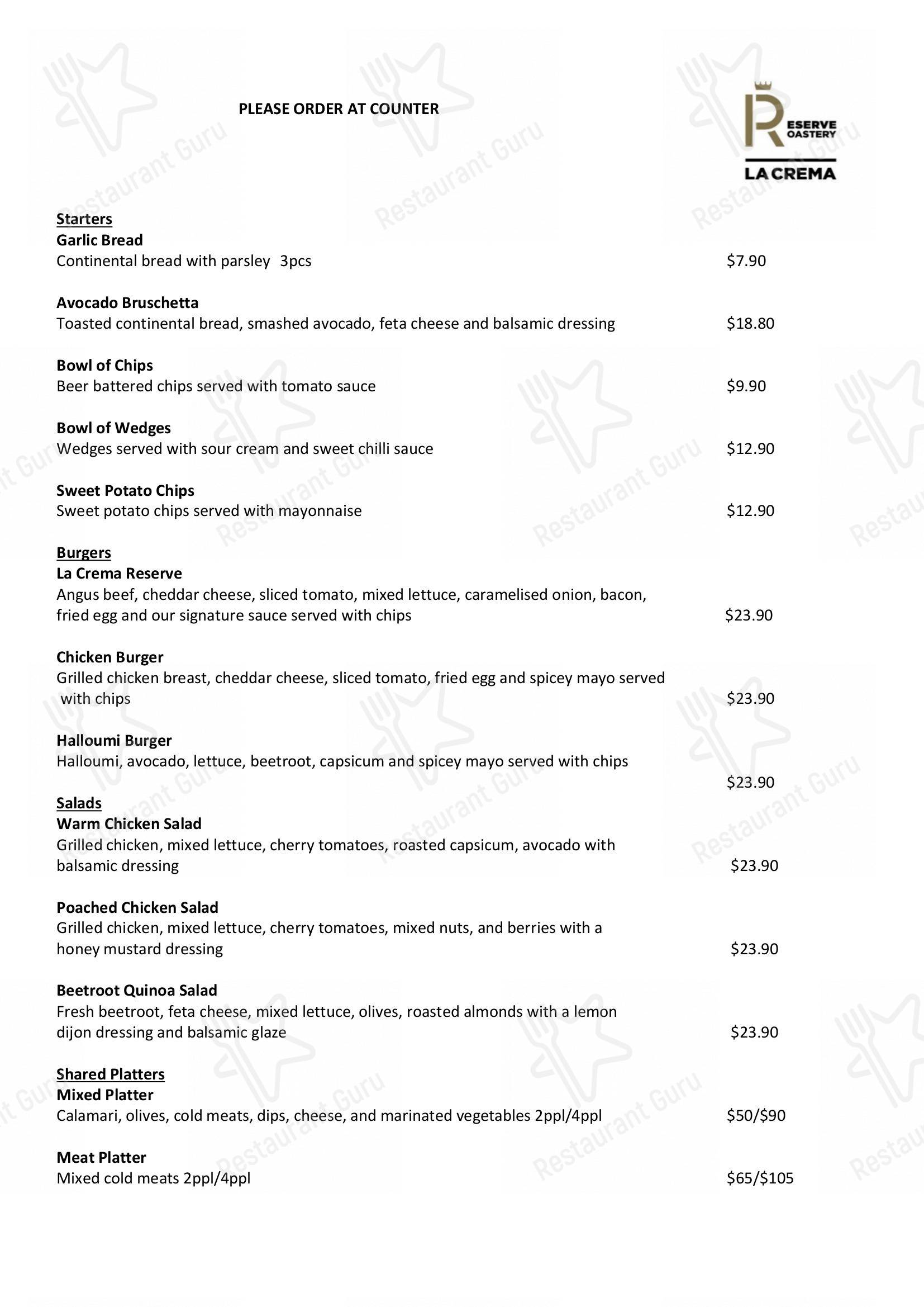Menu at La Crema Reserve Roastery cafe, Saint Marys