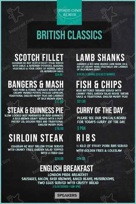Menu at Speakers Corner Ale House pub & bar, Auckland