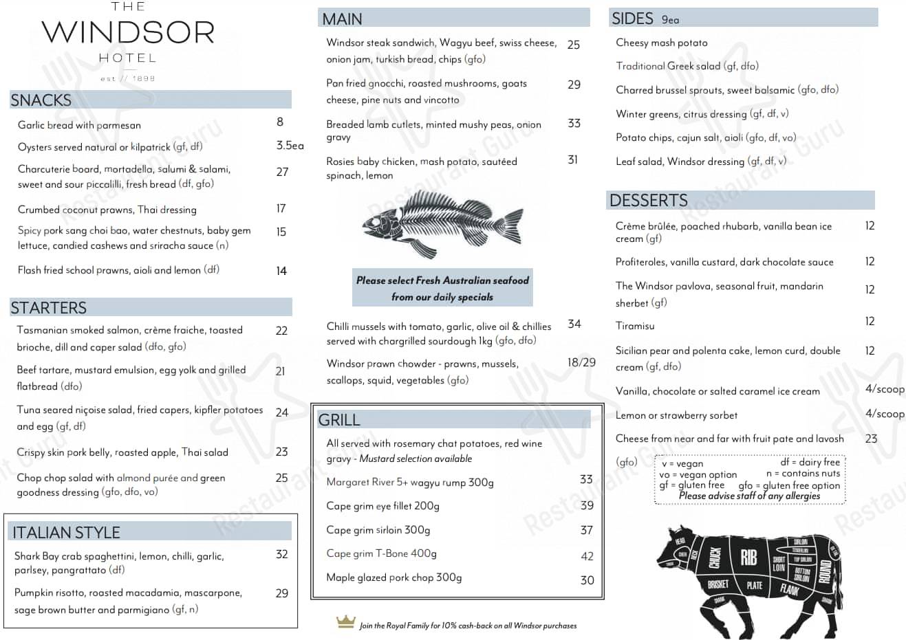 Menu at The Windsor Hotel restaurant, South Perth