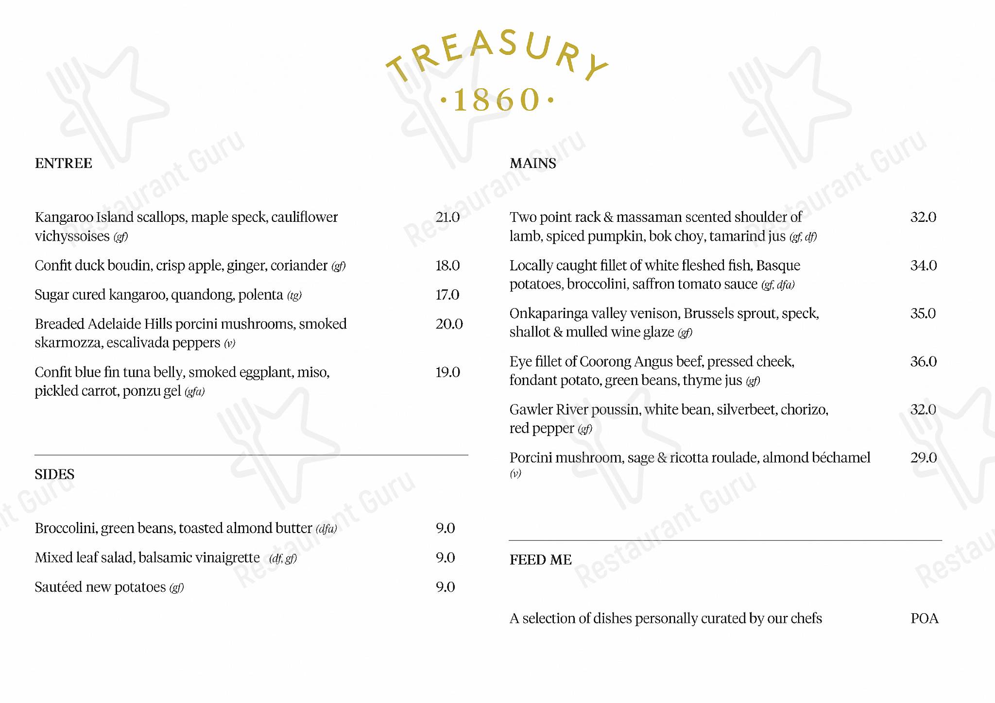 Menu at Treasury 1860 pub & bar, Adelaide
