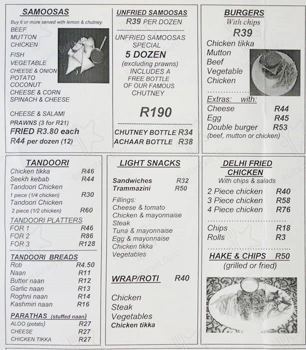 Menu at World of Samoosas restaurant, Johannesburg, Albertina Sisulu Rd