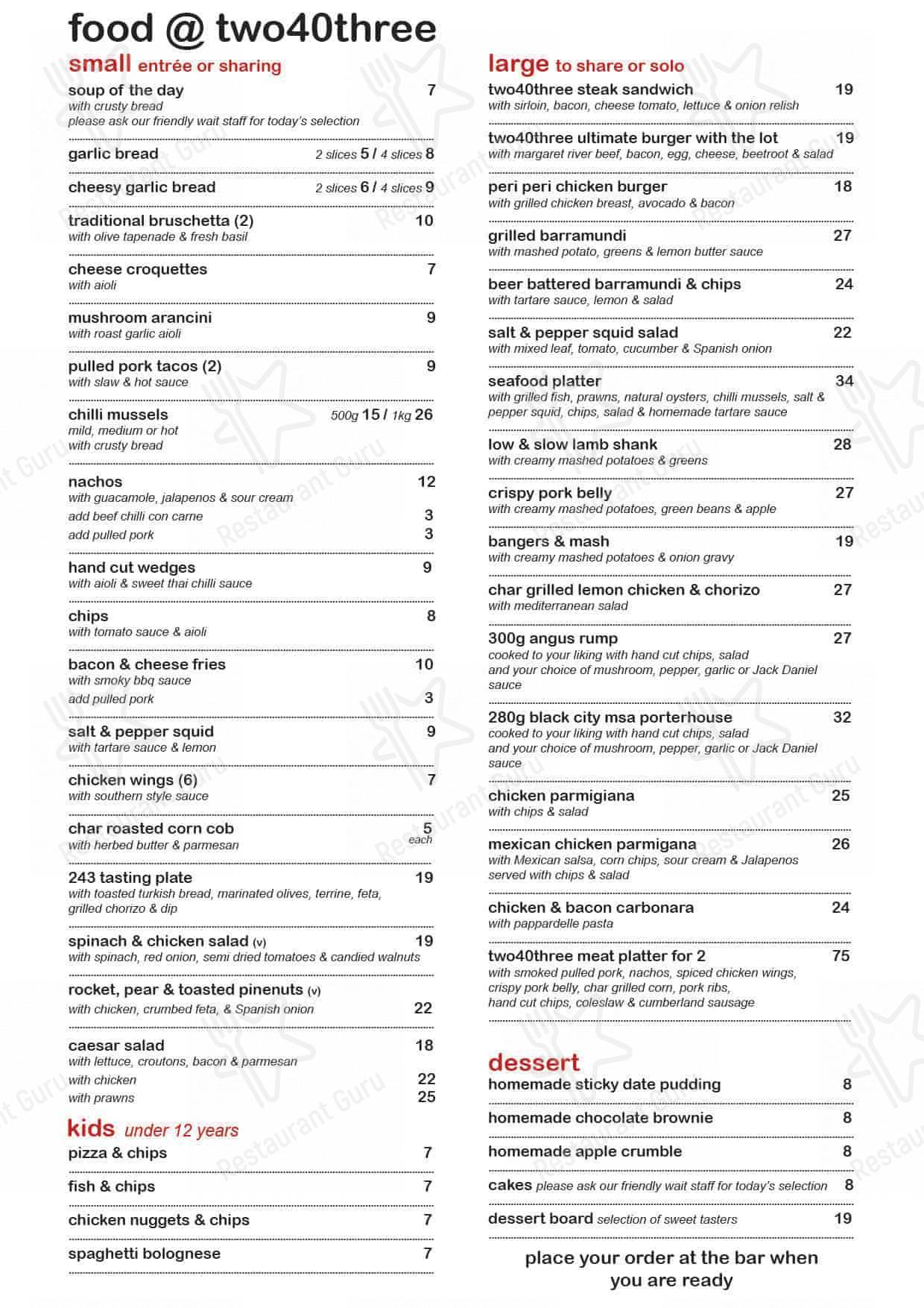 Menu at two40three Bar & Grill, Morley