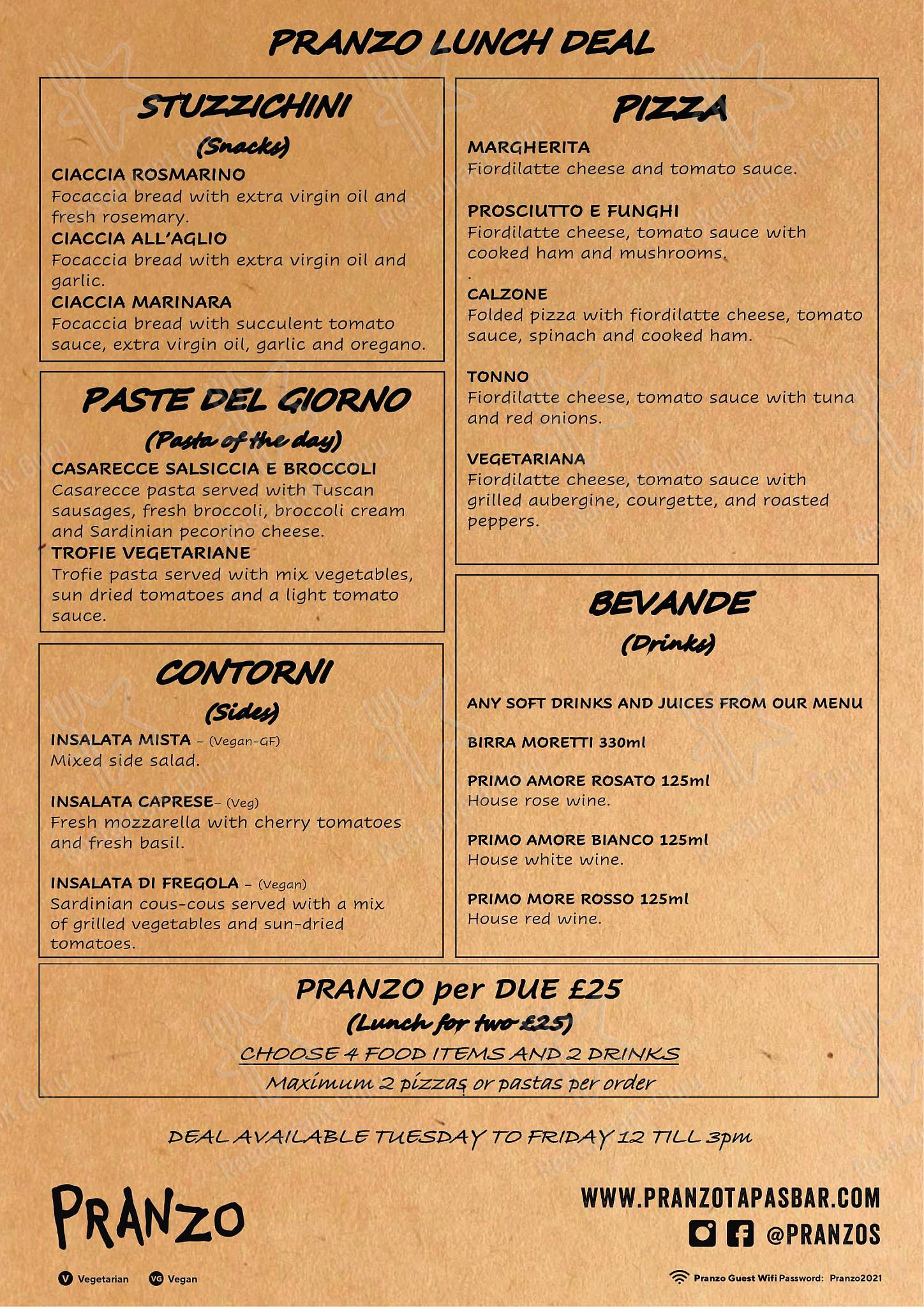 Menu at Pranzo Trattoria & Deli restaurant, Whitley Bay