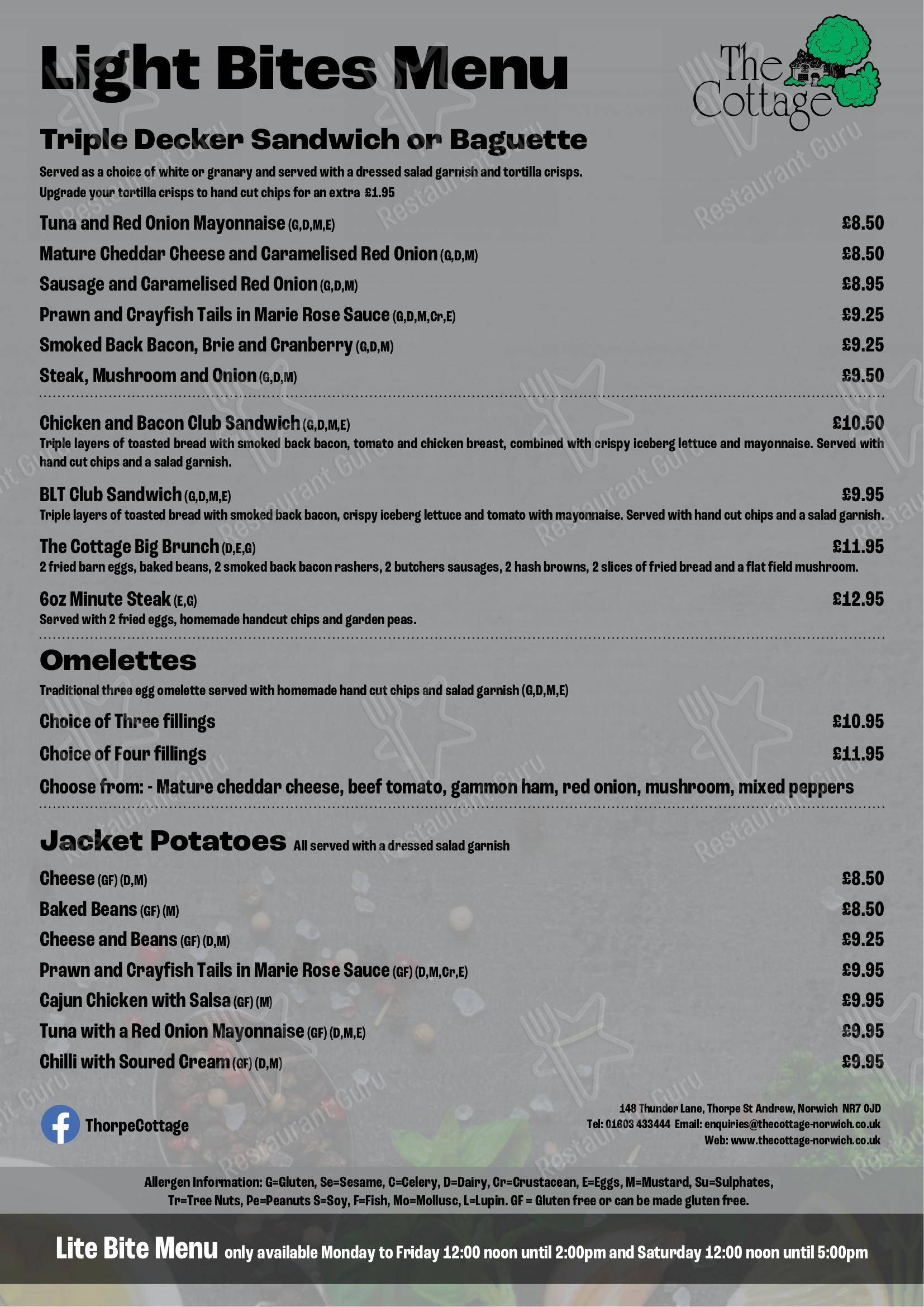 Menu at The Cottage pub & bar, Norwich, 148 Thunder Ln
