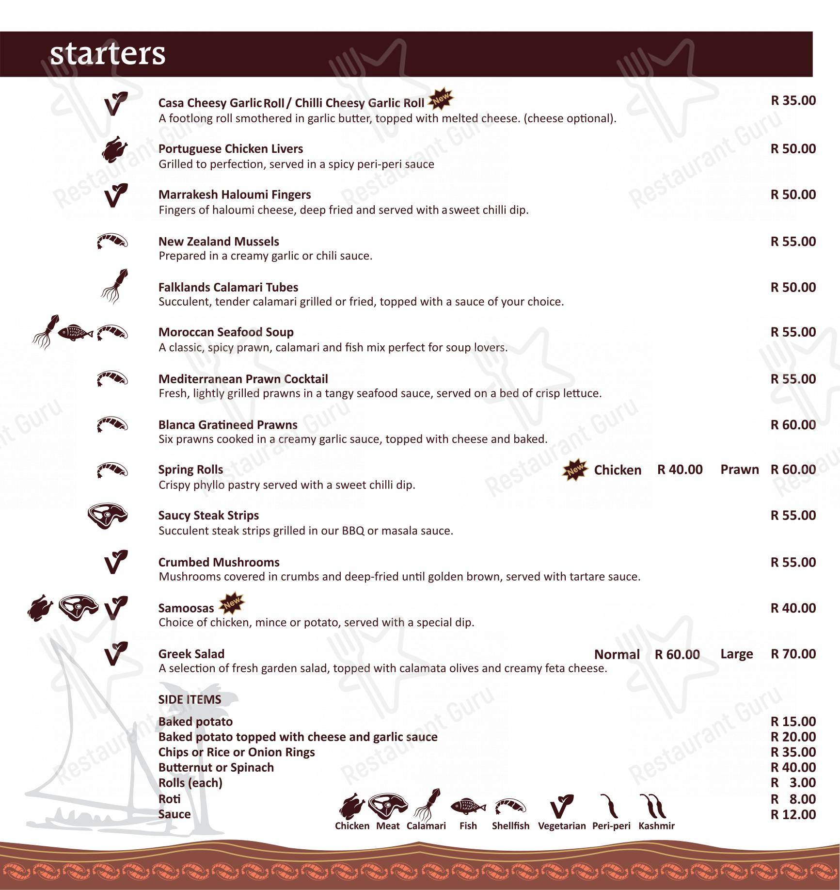 Menu at Casablanca restaurant, Durban, 411 Windermere Road