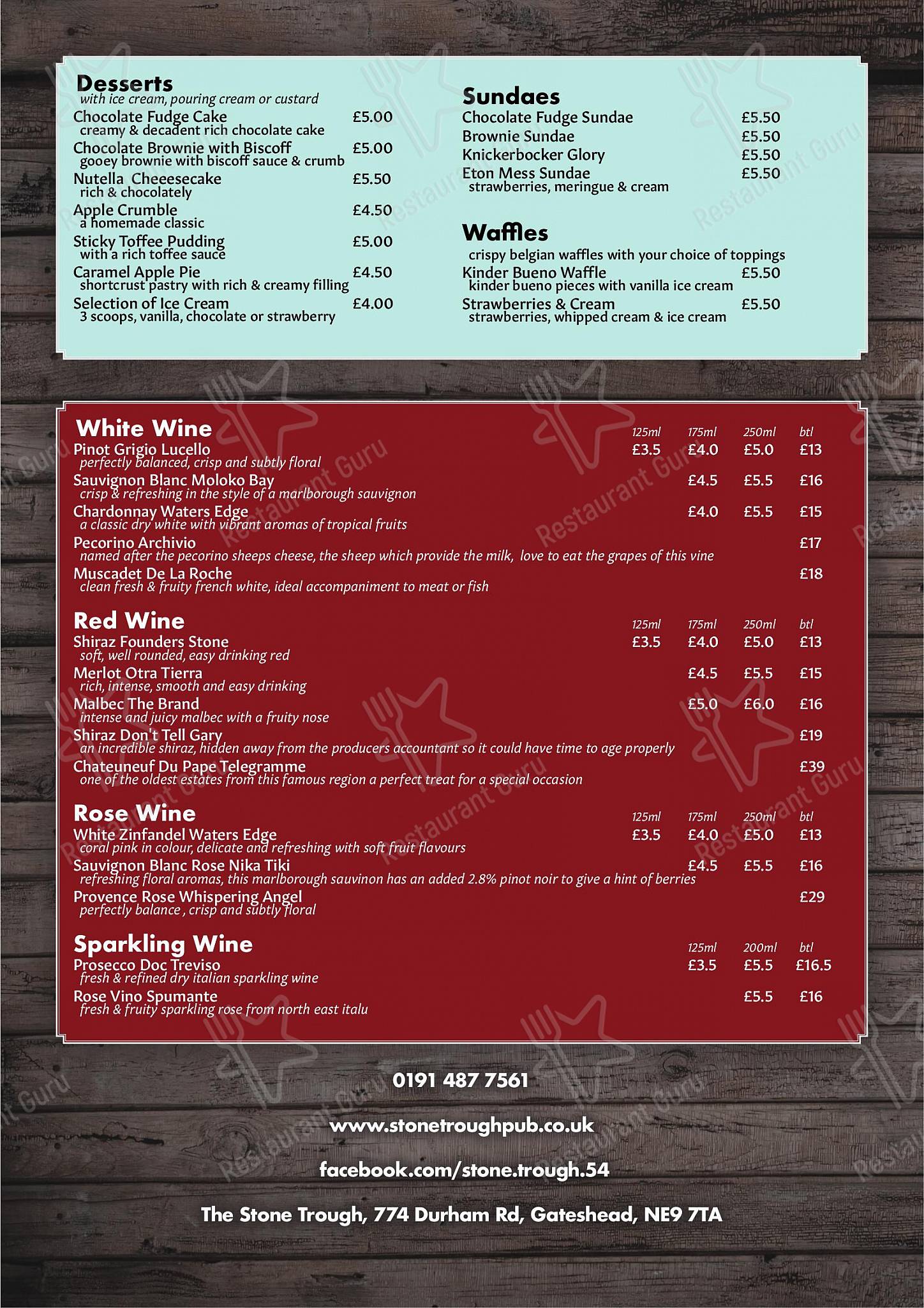 Menu at The Stone Trough pub & bar, Gateshead