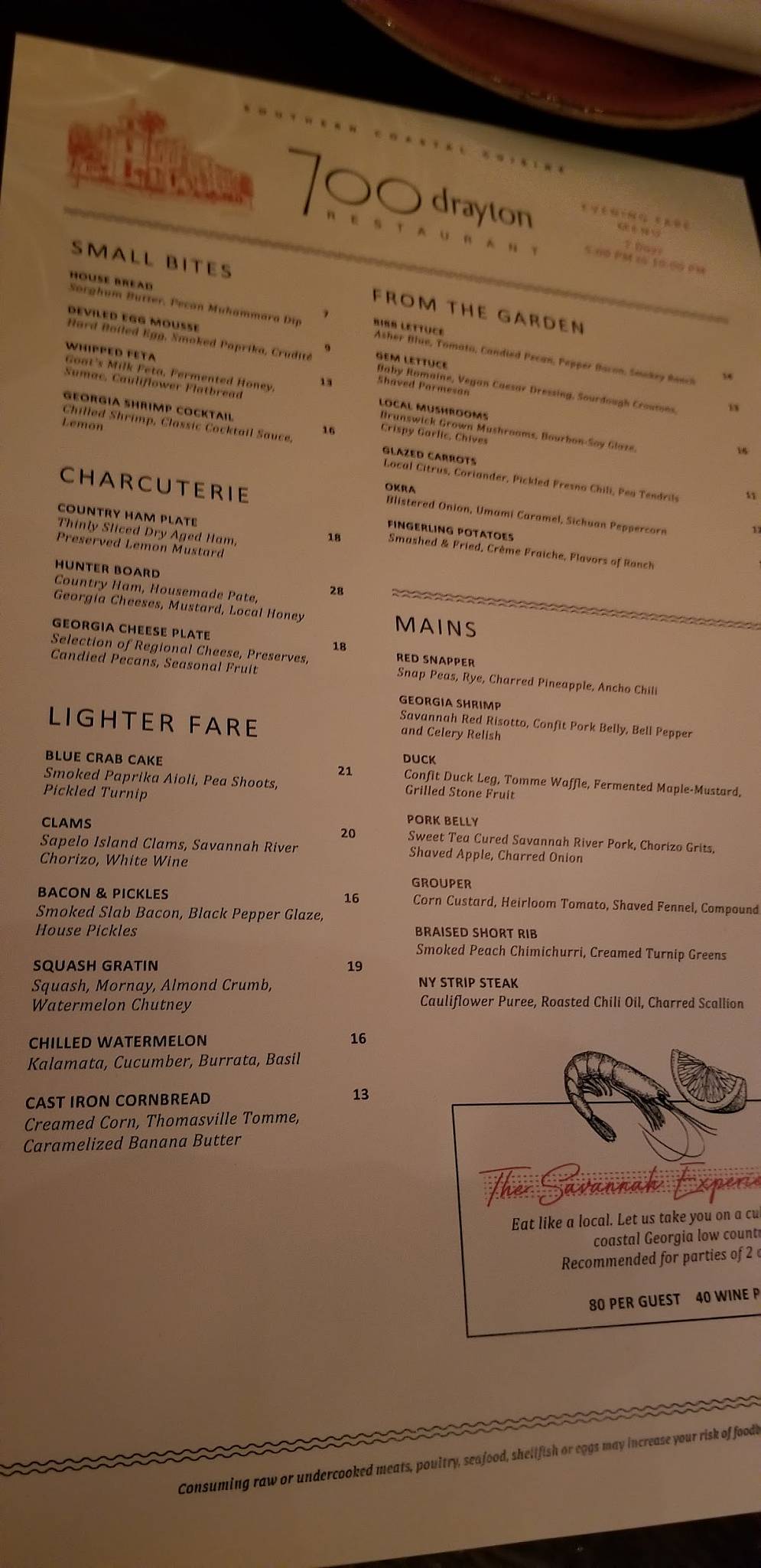 Menu at 700 Drayton Restaurant, Savannah